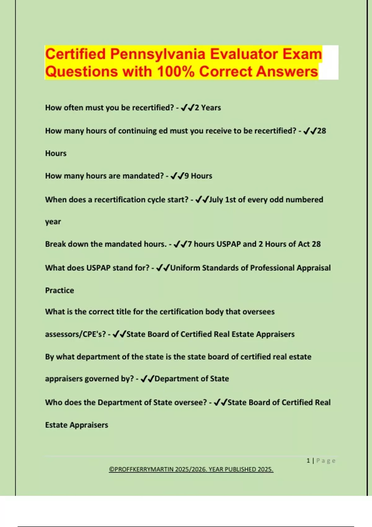 Certified Pennsylvania Evaluator Exam Questions with 100% Correct ...
