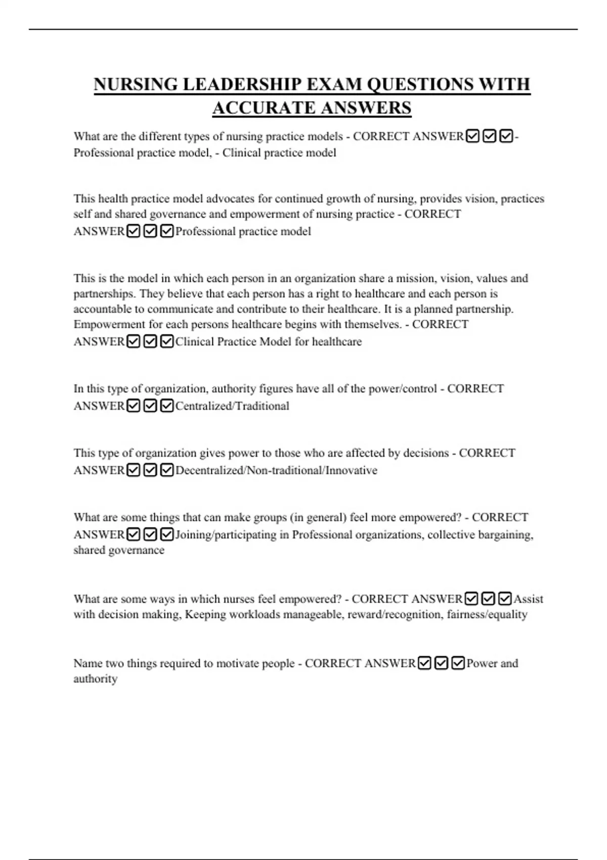 NURSING LEADERSHIP EXAM QUESTIONS WITH ACCURATE ANSWERS - NURSING ...