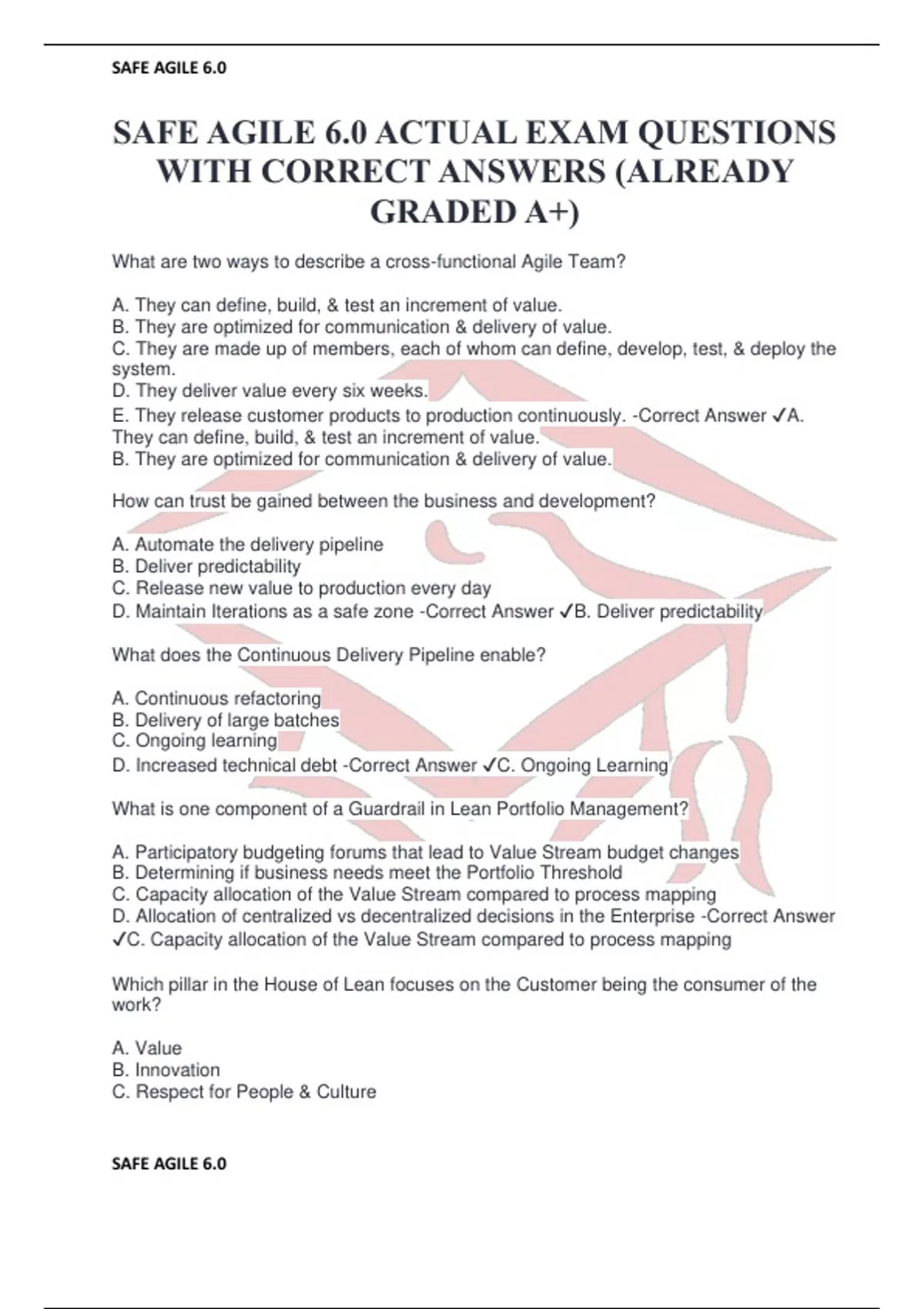 Safe Agile 6 0 Actual Exam Questions With Correct Answers Already Graded A Safe Agile 6 0