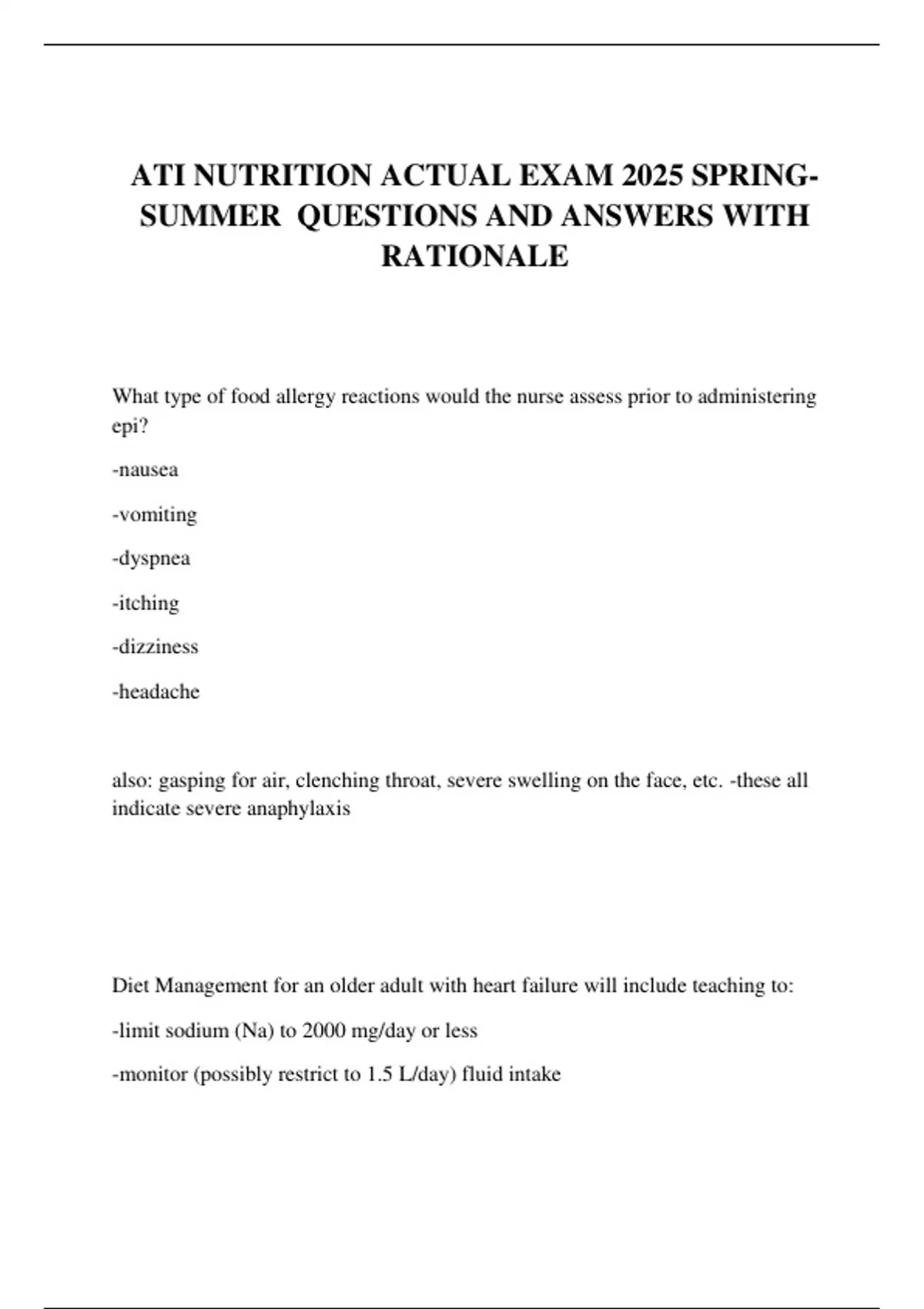 ATI NUTRITION ACTUAL EXAM 2025 SPRING-SUMMER QUESTIONS AND ANSWERS WITH ...