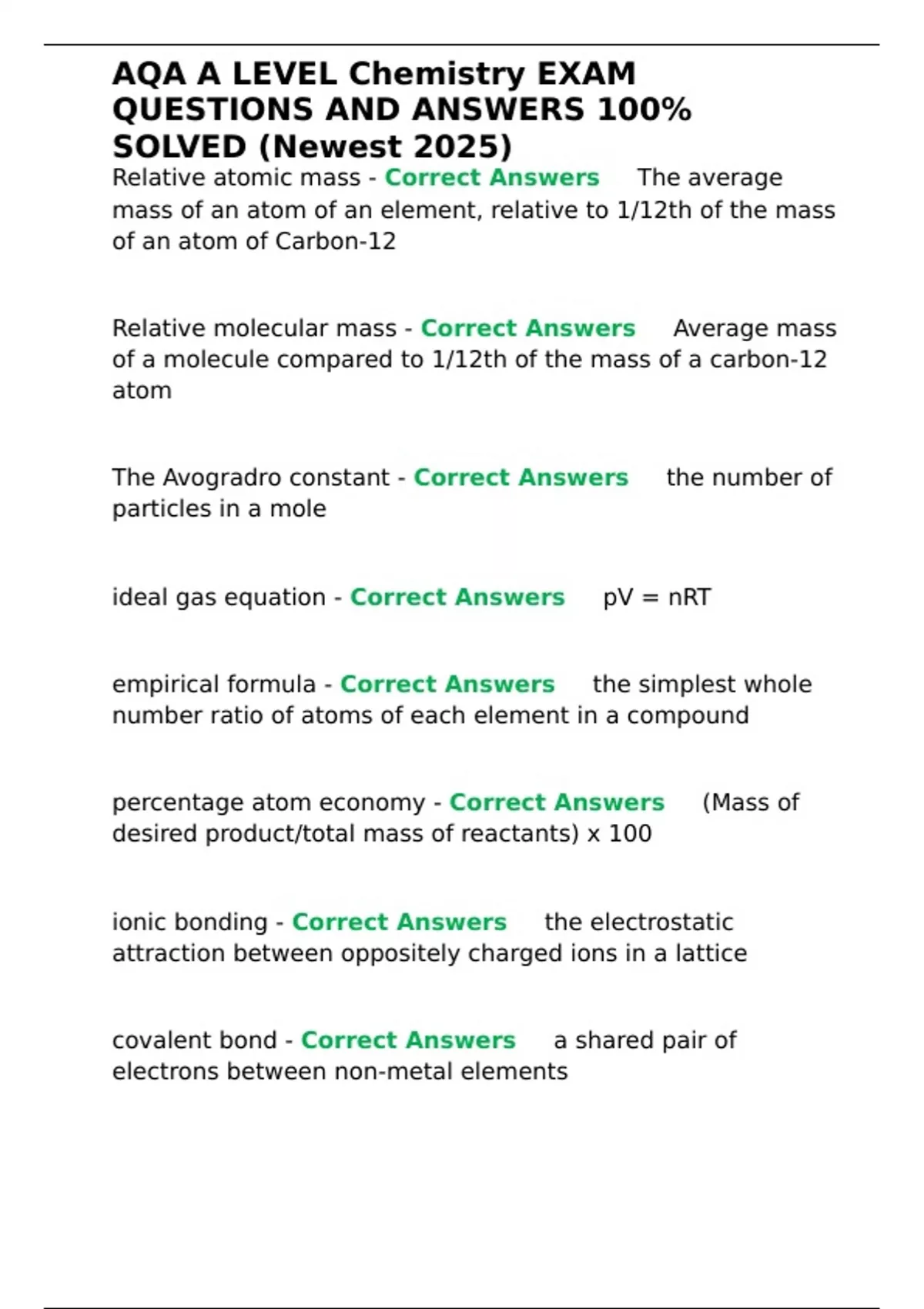 AQA A LEVEL Chemistry EXAM QUESTIONS AND ANSWERS 100- SOLVED (Newest 2025). - A LEVEL CHEMISTRY ...