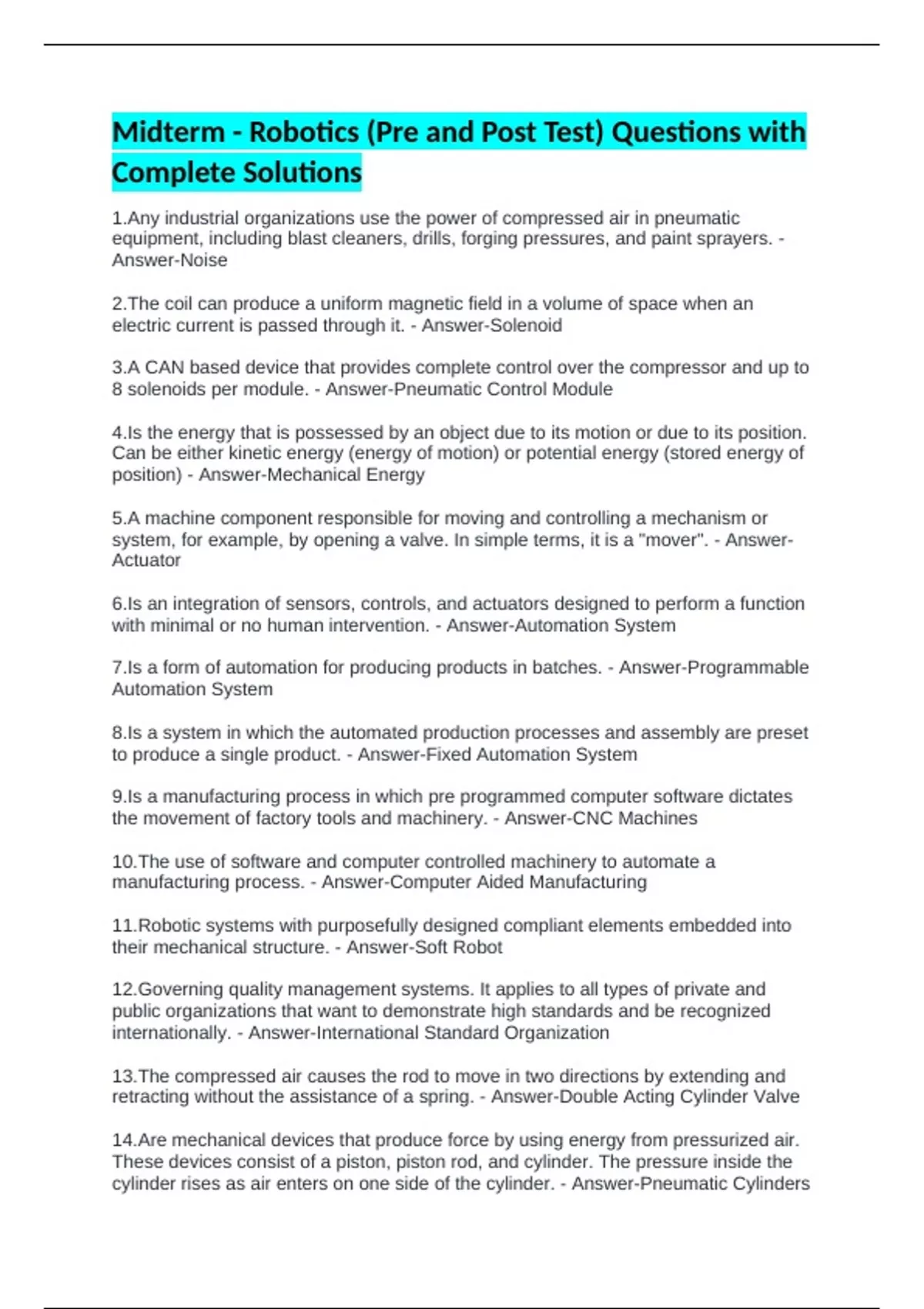 Midterm - Robotics (Pre and Post Test) Questions with Complete ...