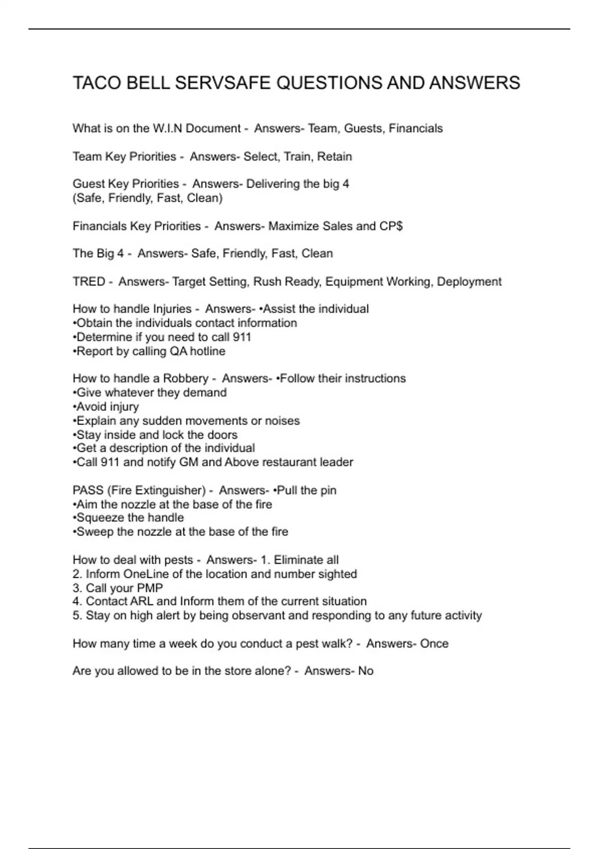 TACO BELL SERVSAFE QUESTIONS AND ANSWERS - TACO BELL - Stuvia US