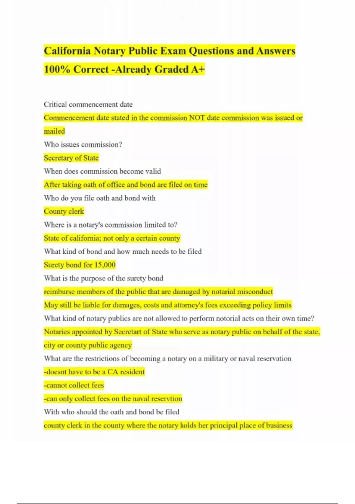 California Notary Public Exam Questions and Answers 100% Correct ...