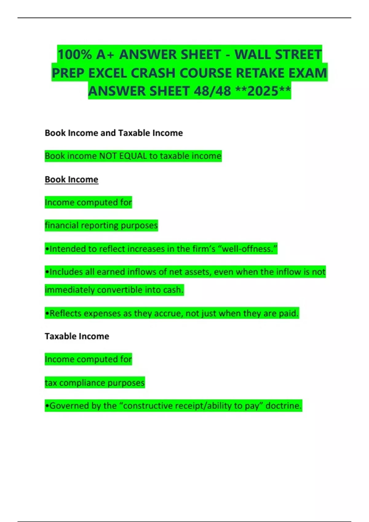 100% A+ ANSWER SHEET - WALL STREET PREP EXCEL CRASH COURSE RETAKE EXAM ...