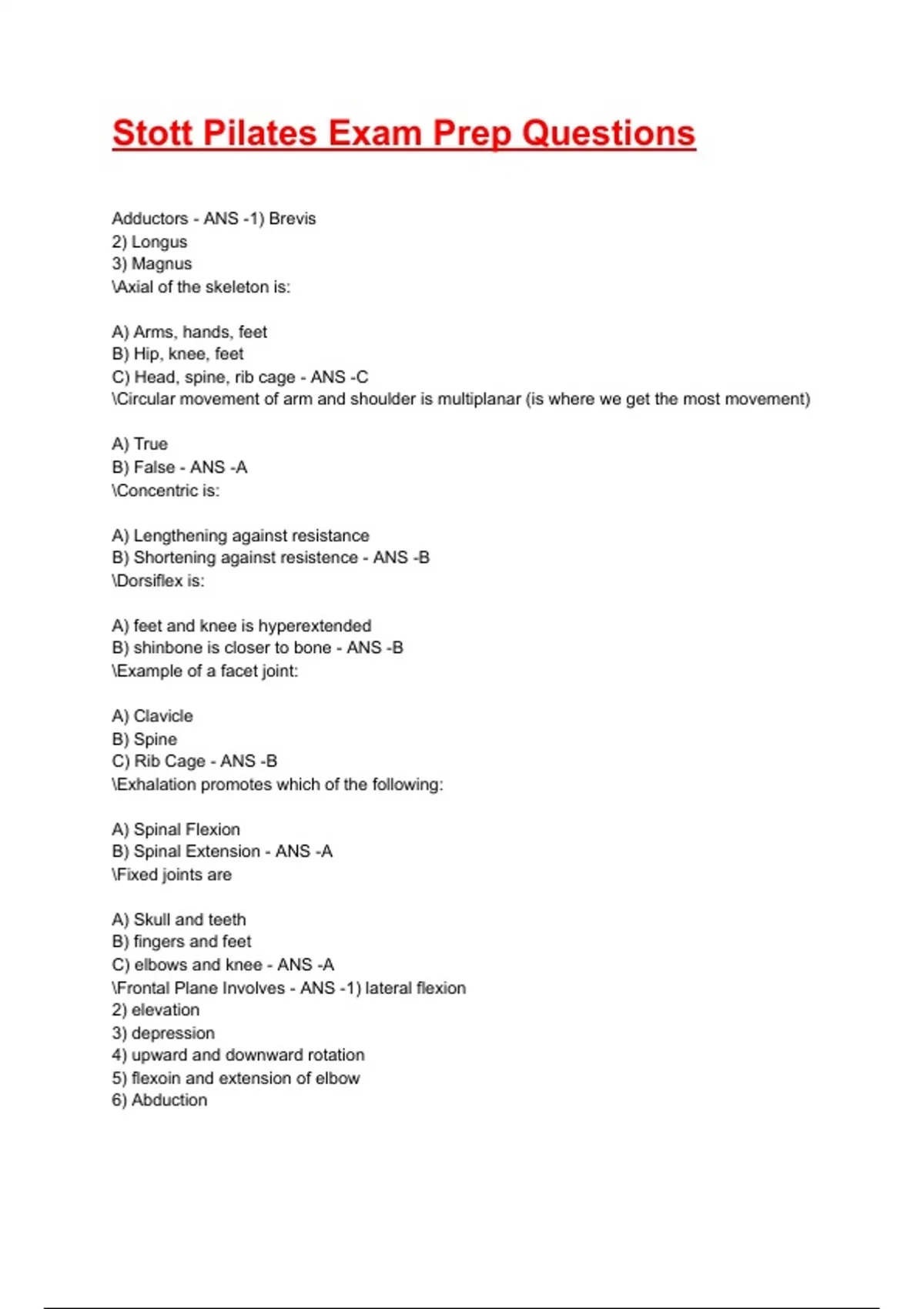 STOTT PILATES - Postural Assessment Exam 2025/2026 Questions and ...