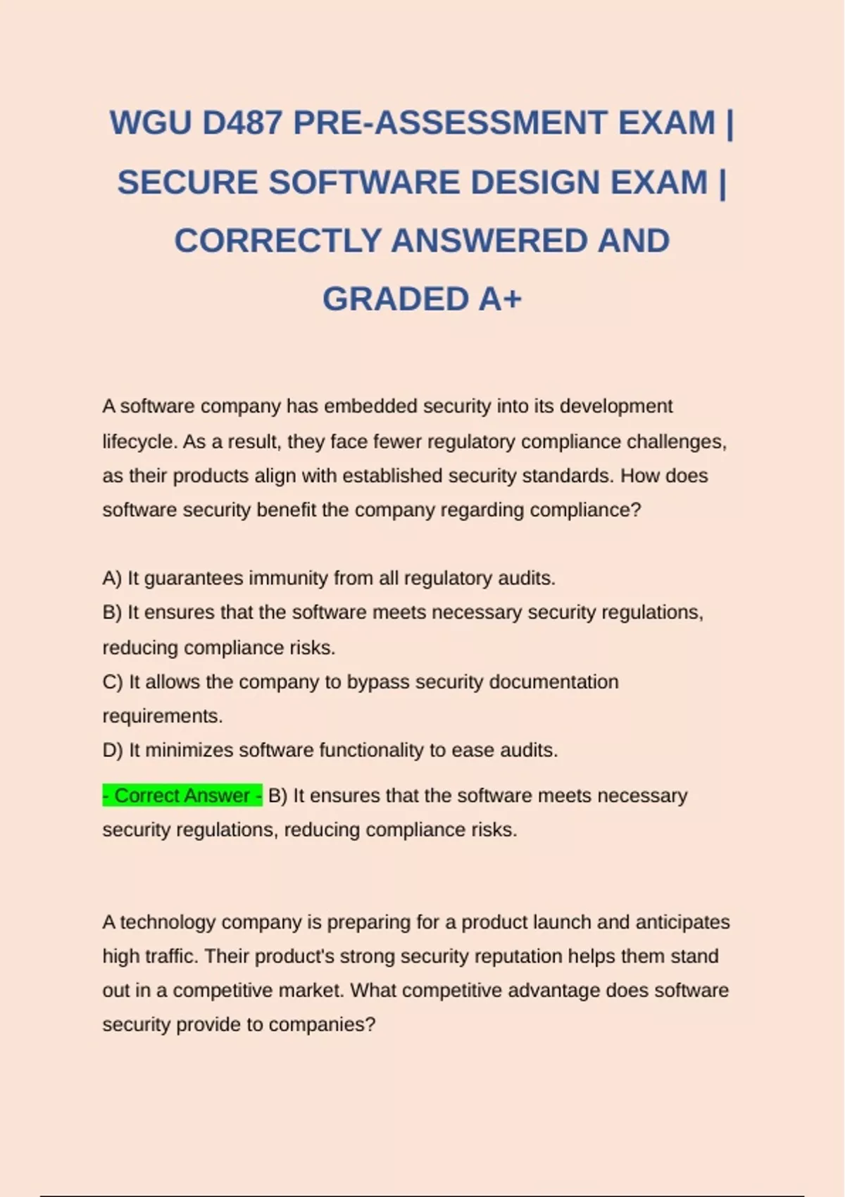 BUNDLE FOR WGU D487 EXAM & OA | SECURE SOFTWARE DESIGN EXAM | QUESTIONS AND VERIFIED ANSWERS ...