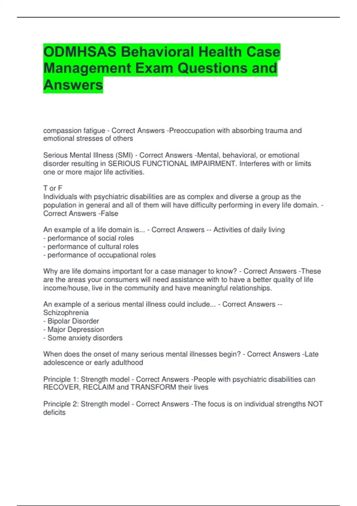 ODMHSAS Behavioral Health Case Management Exam Questions and Answers - ODMHSAS - Stuvia US