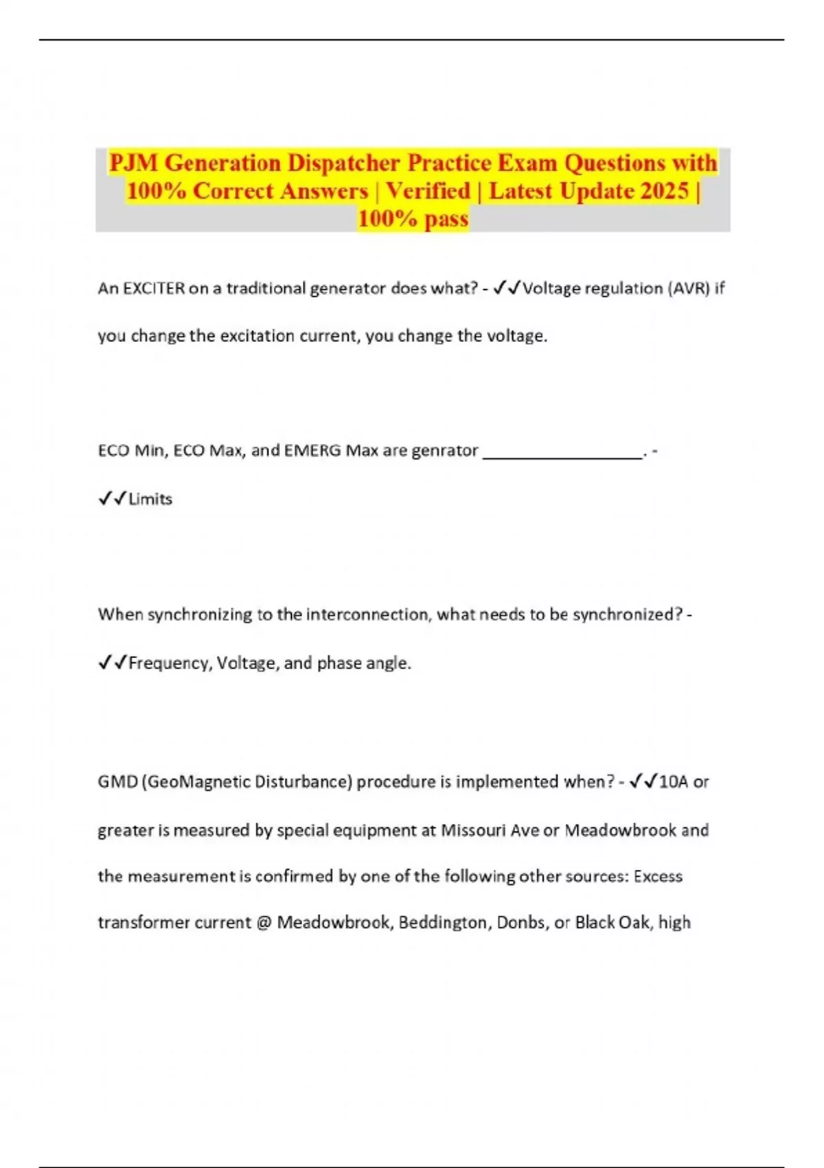 PJM Generation Dispatcher Practice Exam Questions with 100% Correct ...