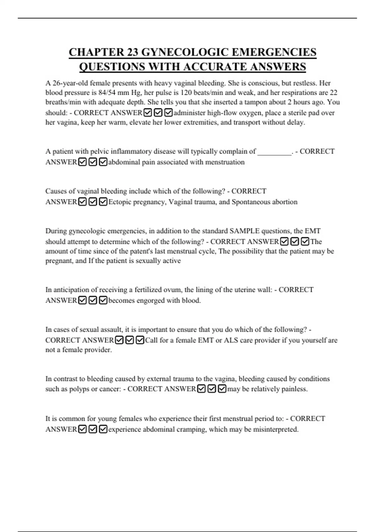CHAPTER 23 GYNECOLOGIC EMERGENCIES QUESTIONS WITH ACCURATE ANSWERS ...