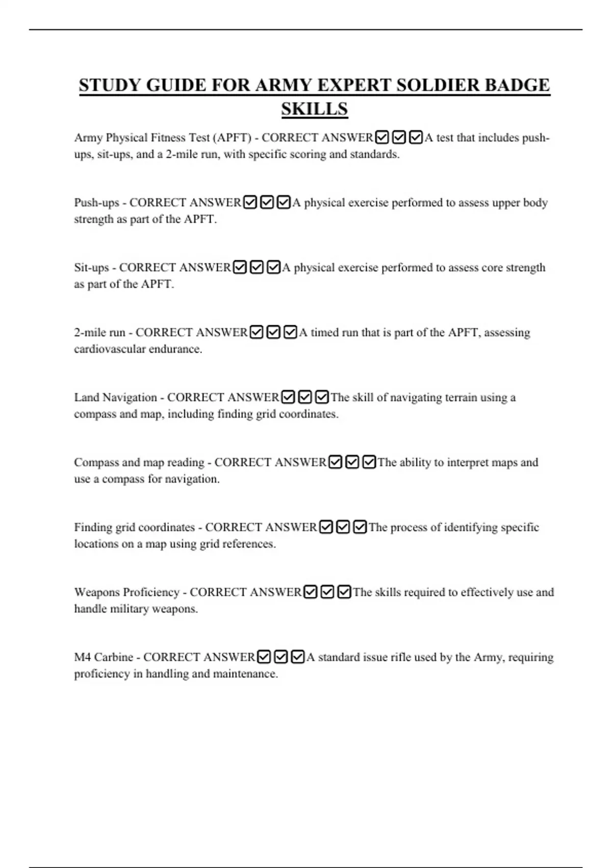 STUDY GUIDE FOR ARMY EXPERT SOLDIER BADGE SKILLS - ARMY - Stuvia US