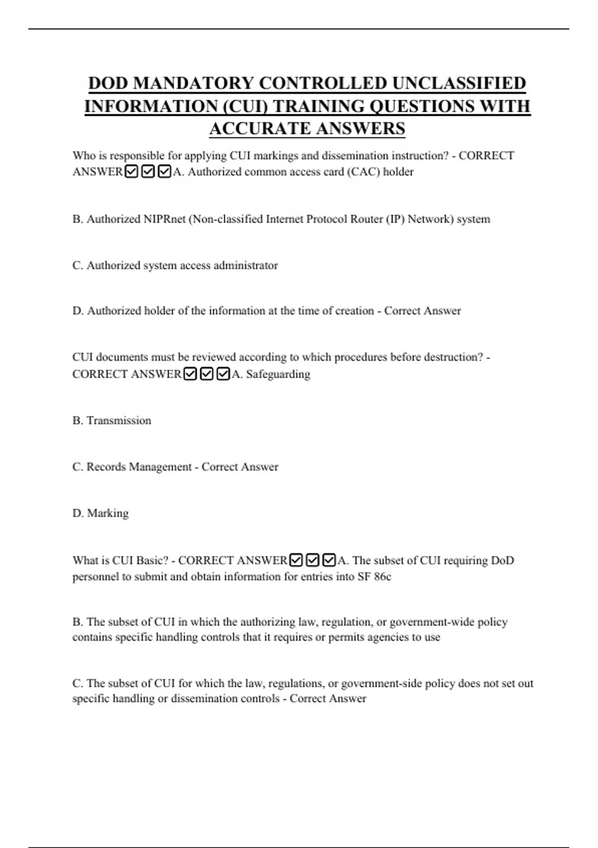 DOD MANDATORY CONTROLLED UNCLASSIFIED INFORMATION - ARMY - Stuvia US