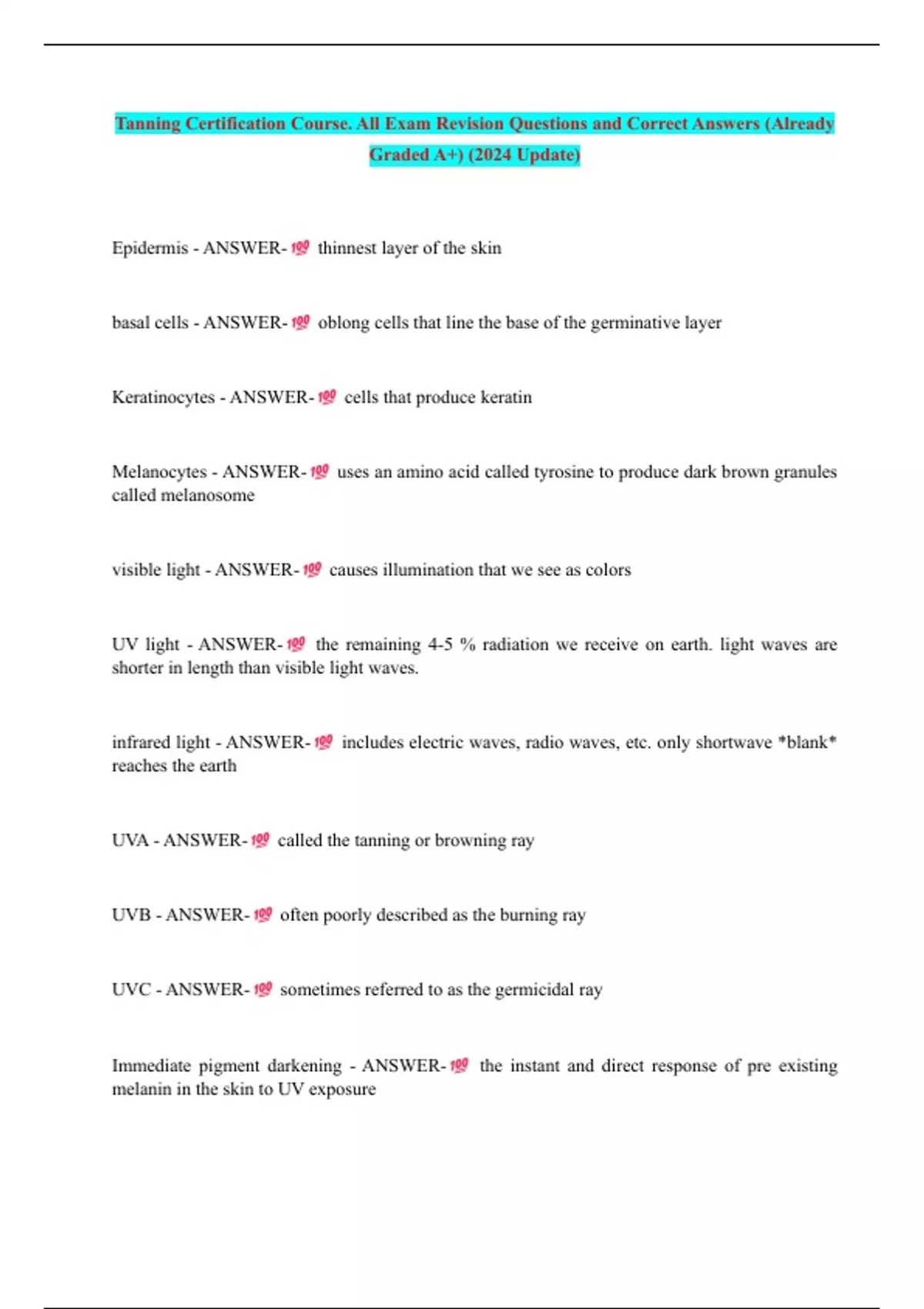 Tanning Certification Course. All Exam Revision Questions and Correct ...