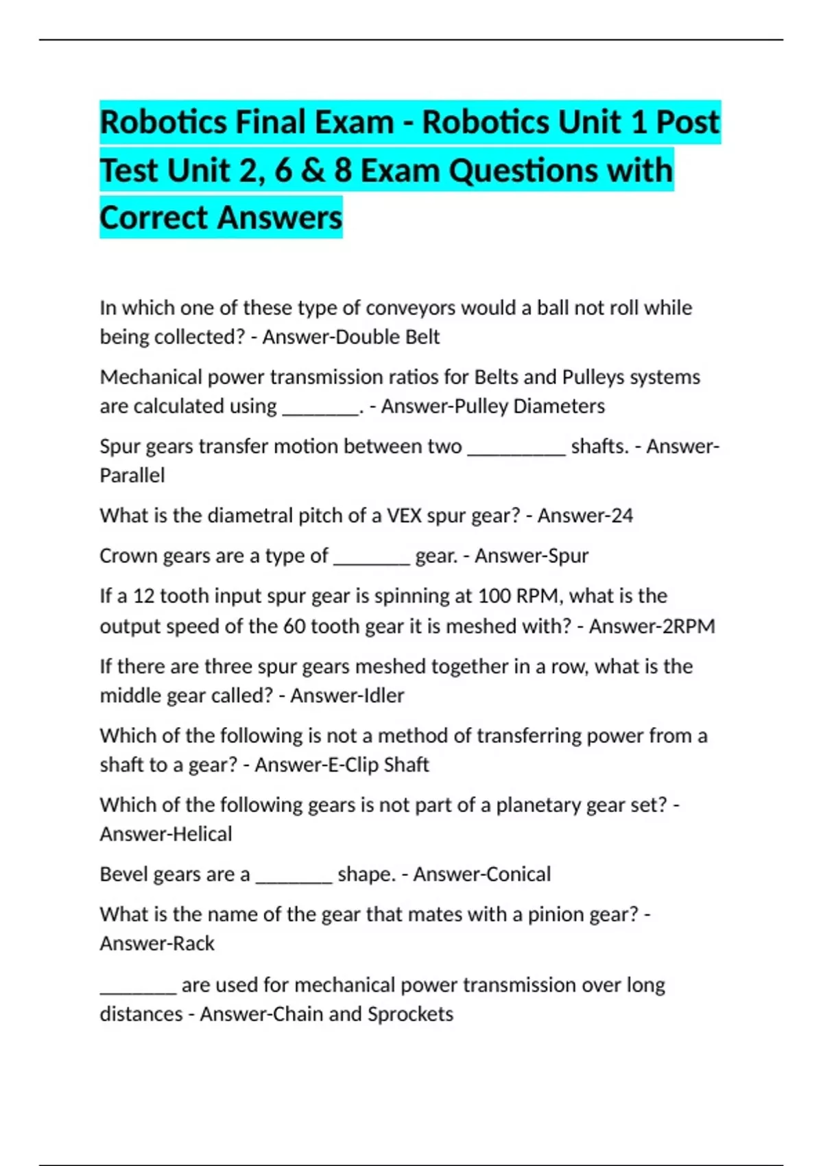 Robotics Final Exam Robotics Unit 1 Post Test Unit 2 6 And 8 Exam Questions With Correct