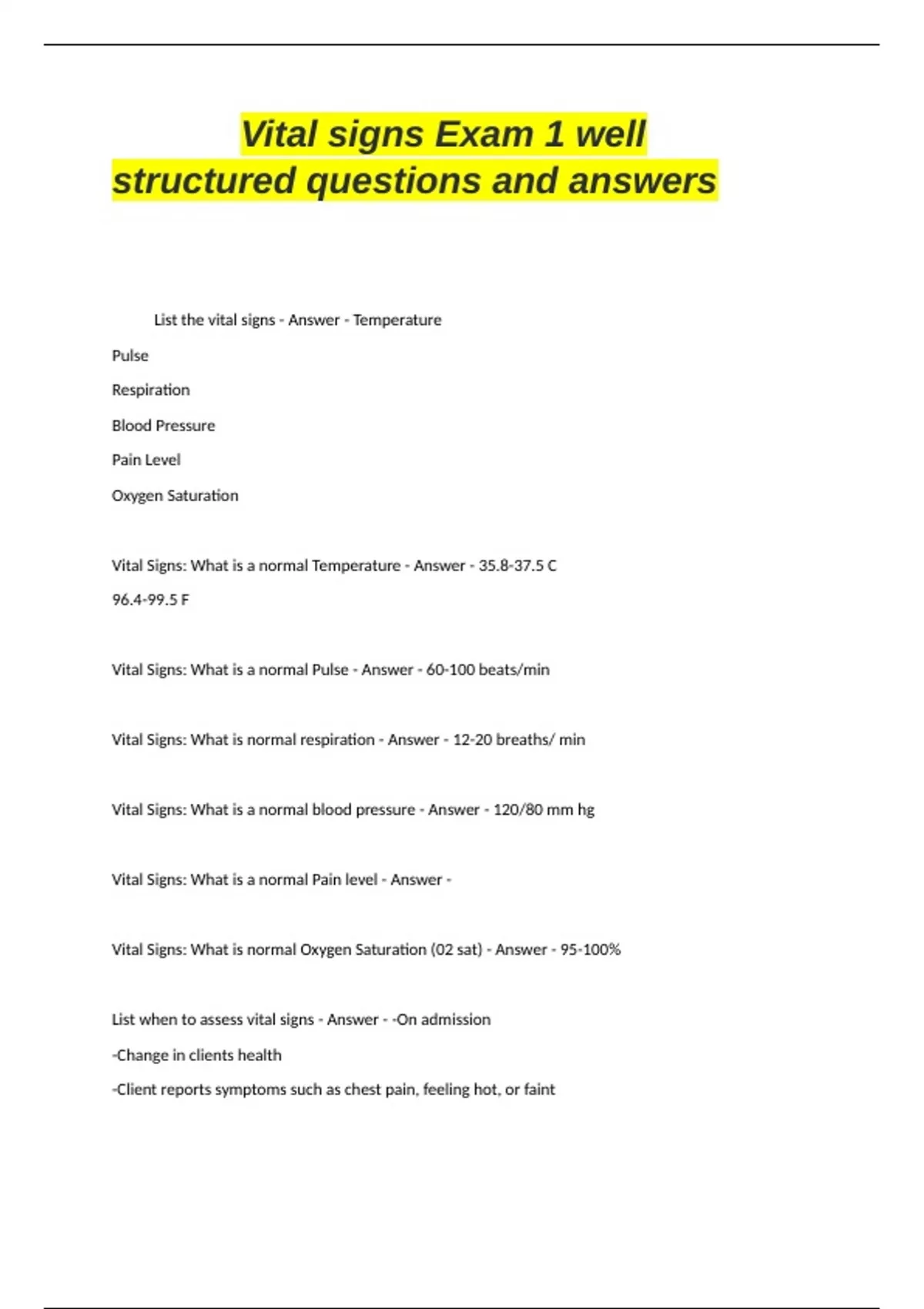 Vital signs Exam 1 well structured questions and answers - Vital signs ...