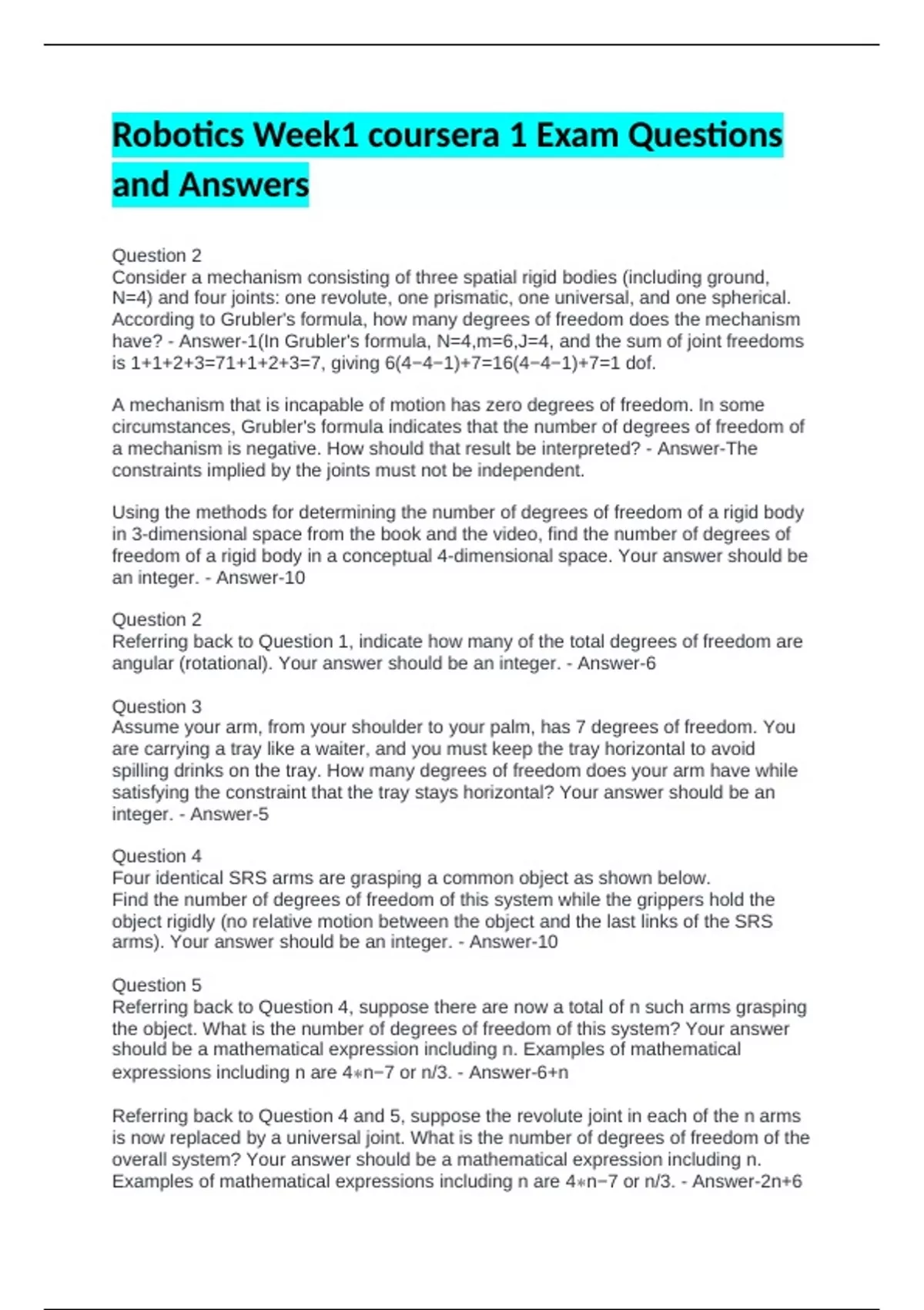 Robotics Week1 coursera 1 Exam Questions and Answers - Modern Robotics - Stuvia US