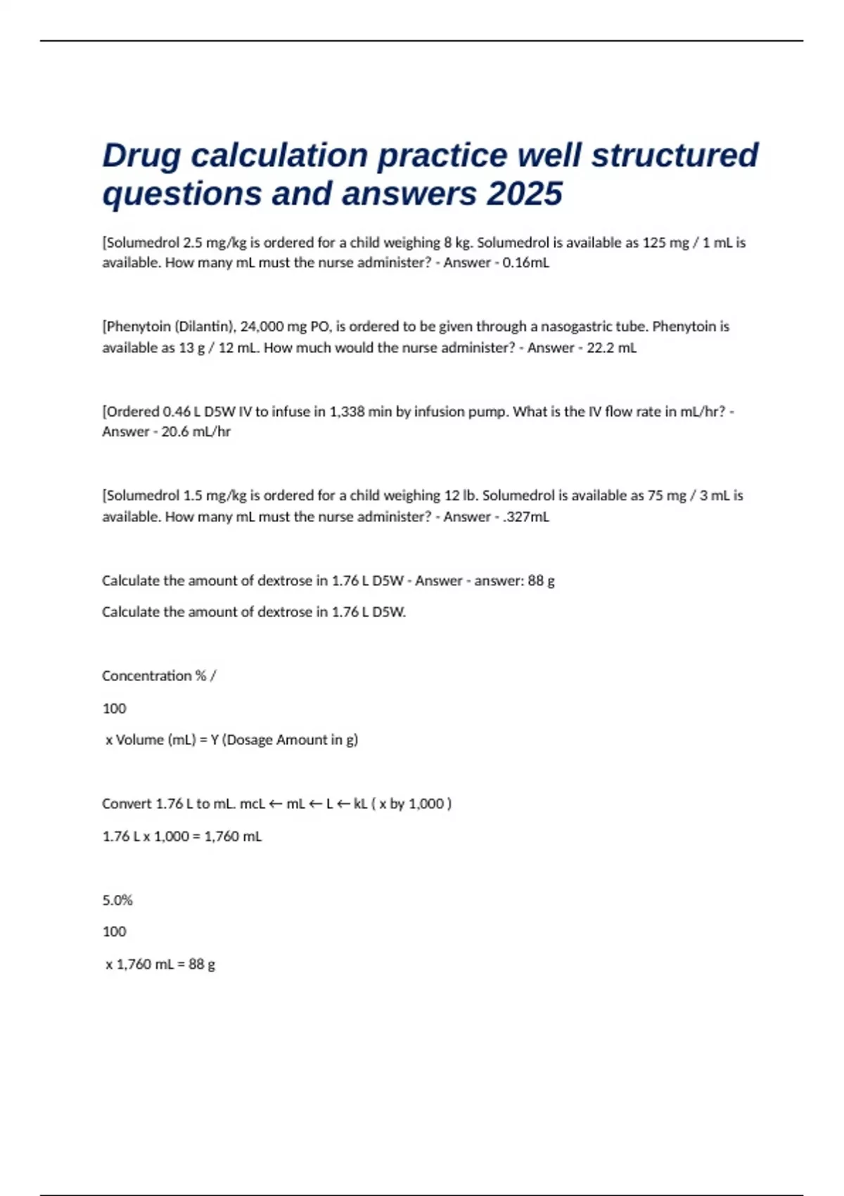 Drug calculation practice well structured questions and answers 2025 ...