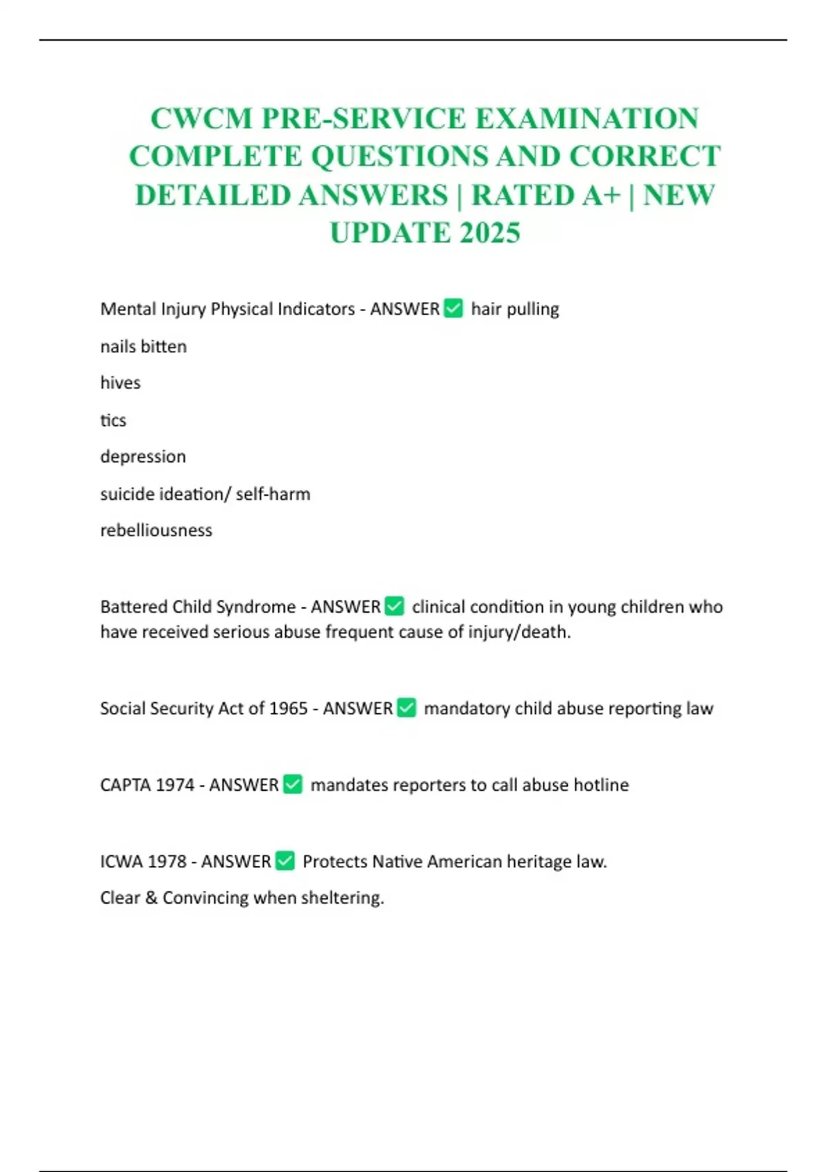 CWCM PRE-SERVICE EXAMINATION COMPLETE QUESTIONS AND CORRECT DETAILED ...