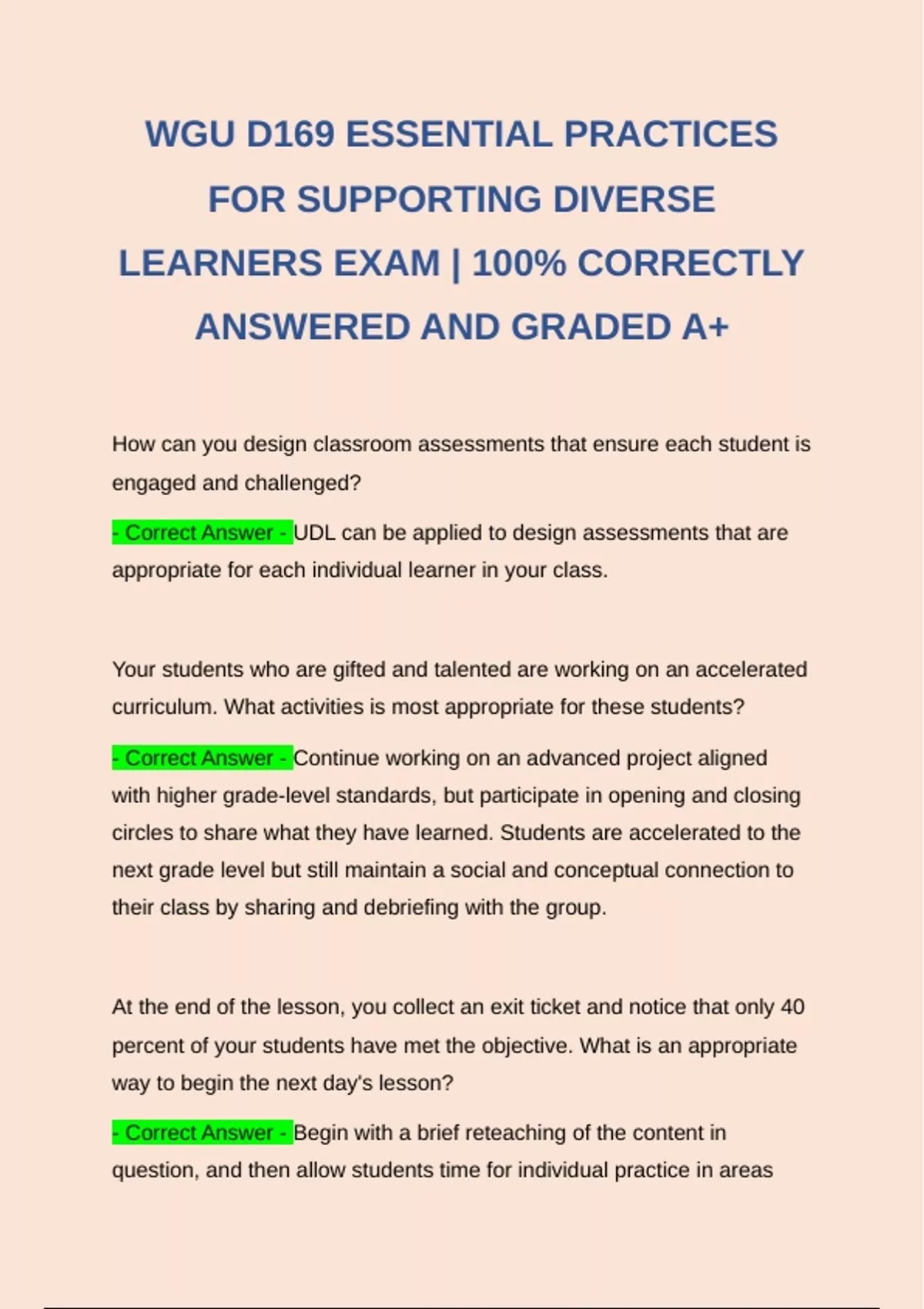 WGU D169 ESSENTIAL PRACTICES FOR SUPPORTING DIVERSE LEARNERS EXAM | 100% CORRECTLY ANSWERED AND ...