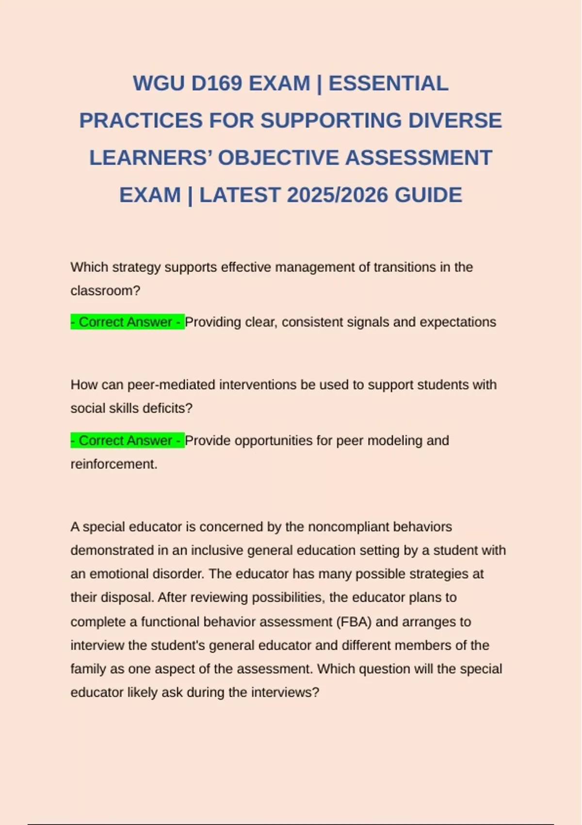 WGU D169 EXAM | ESSENTIAL PRACTICES FOR SUPPORTING DIVERSE LEARNERS’ OBJECTIVE ASSESSMENT EXAM ...
