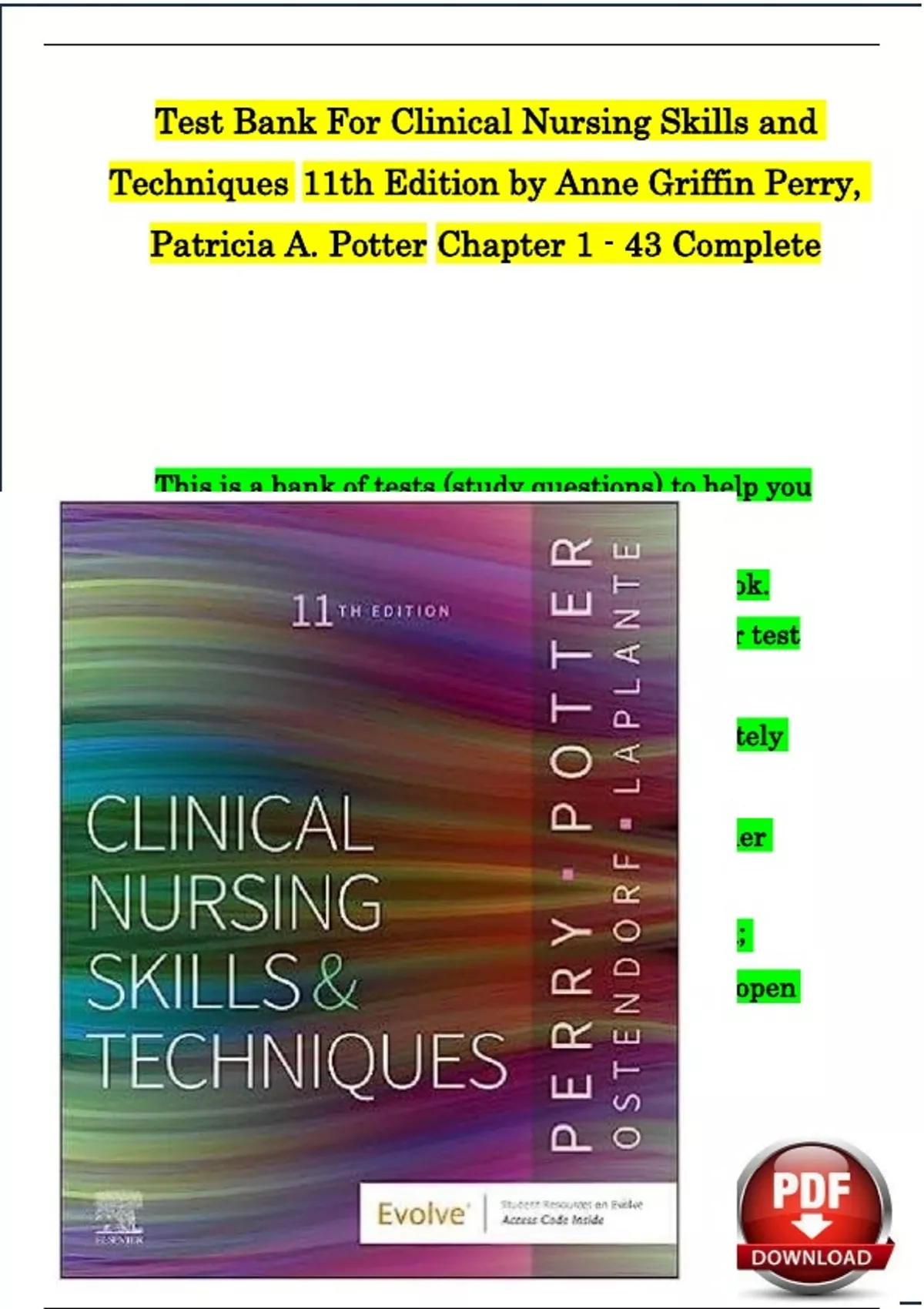 TEST BANK For Clinical Nursing Skills and Techniques 11th Edition by ...