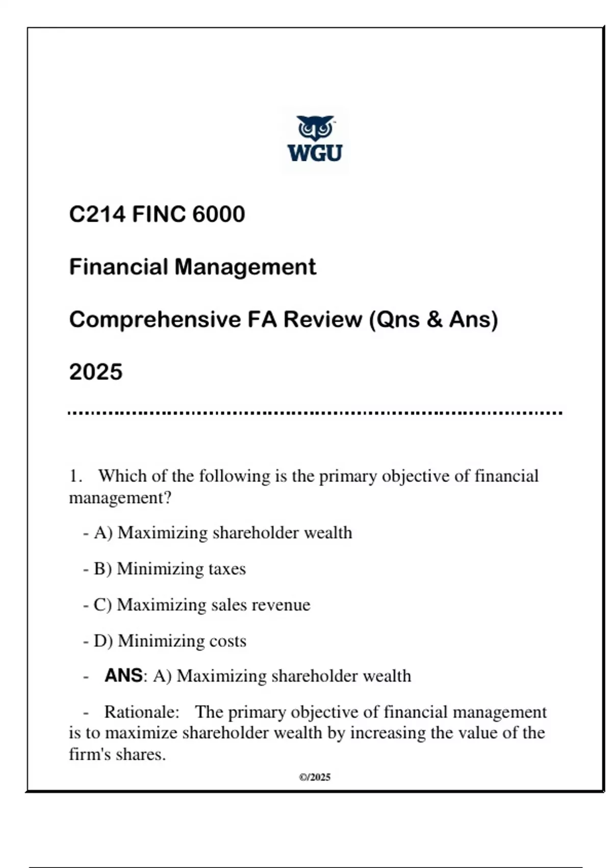 FINC 6000 (MBA) Financial Management Comprehensive FA Review 2025 (Qns & Ans) - Business - Stuvia US