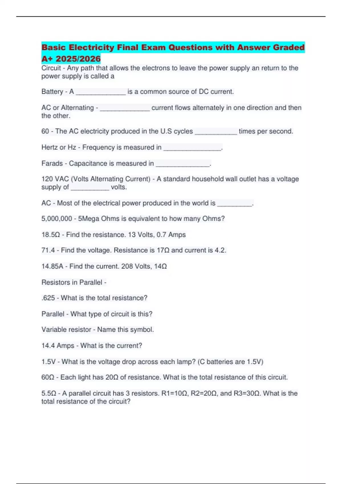 Basic Electricity Final Exam Questions with Answer Graded A+ 2025/2026 ...