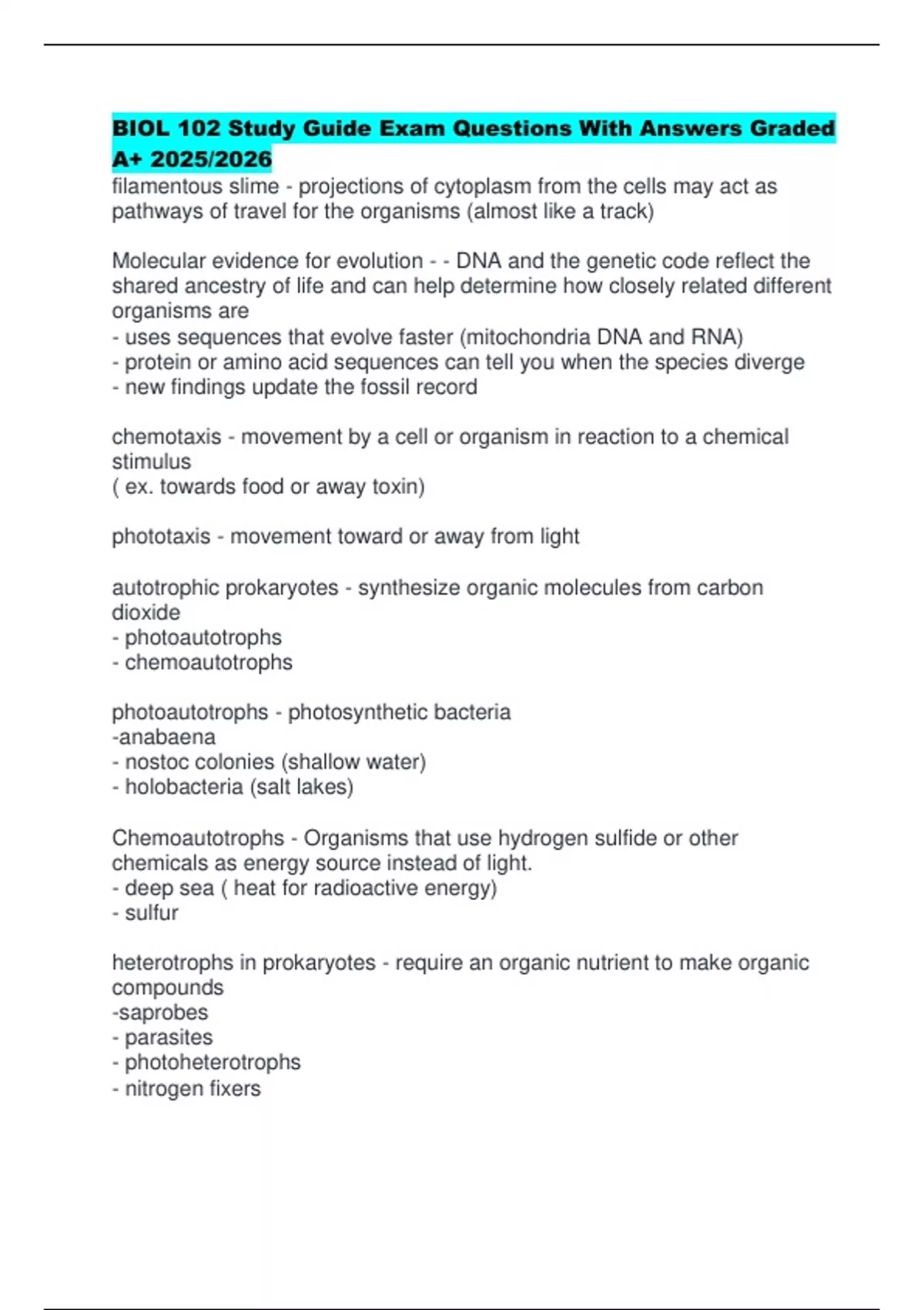 BIOL 102 Study Guide Exam Questions With Answers Graded A+ 2025/2026 ...