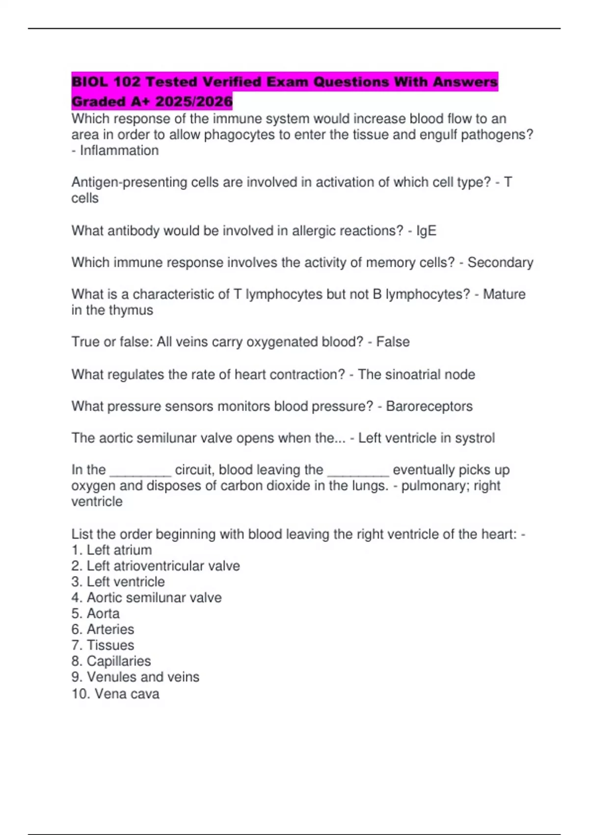 BIOL 102 Tested Verified Exam Questions With Answers Graded A+ 2025/ ...
