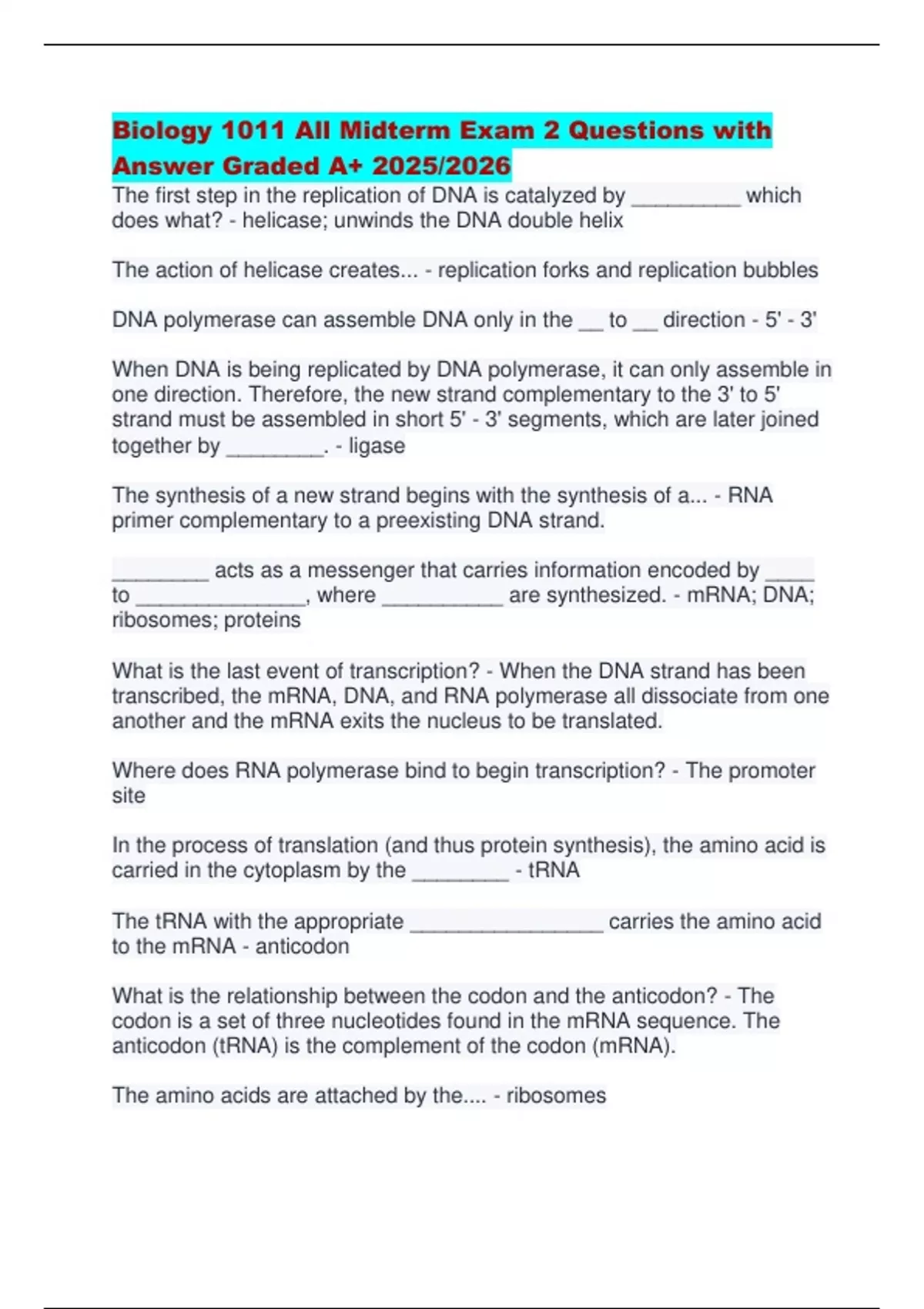 Biology 1011 All Midterm Exam 2 Questions with Answer Graded A+ 2025/2026 - BIOLOGY 1011 - Stuvia US