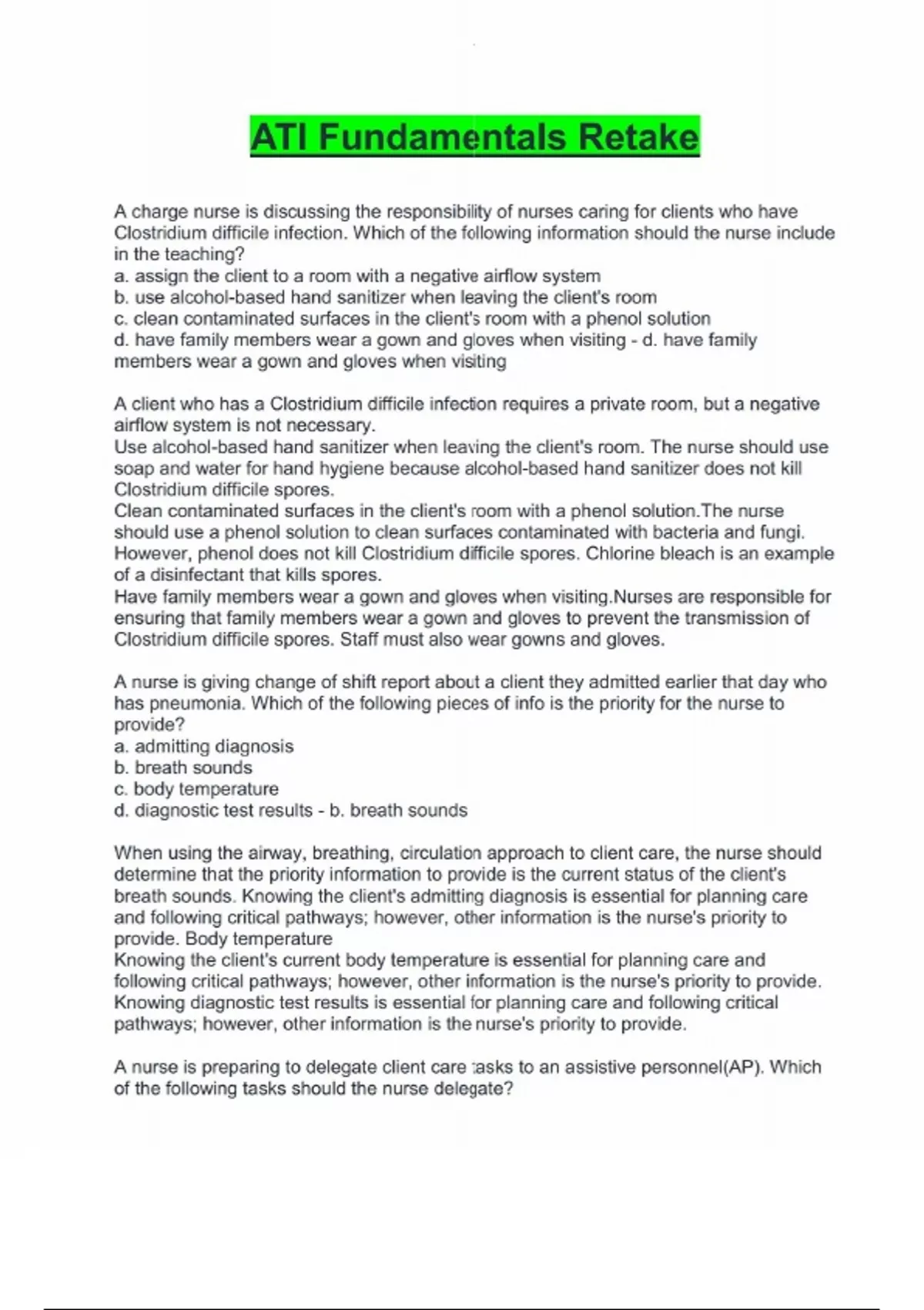 ATI Fundamentals Retake - ATI rn fundamental - Stuvia US