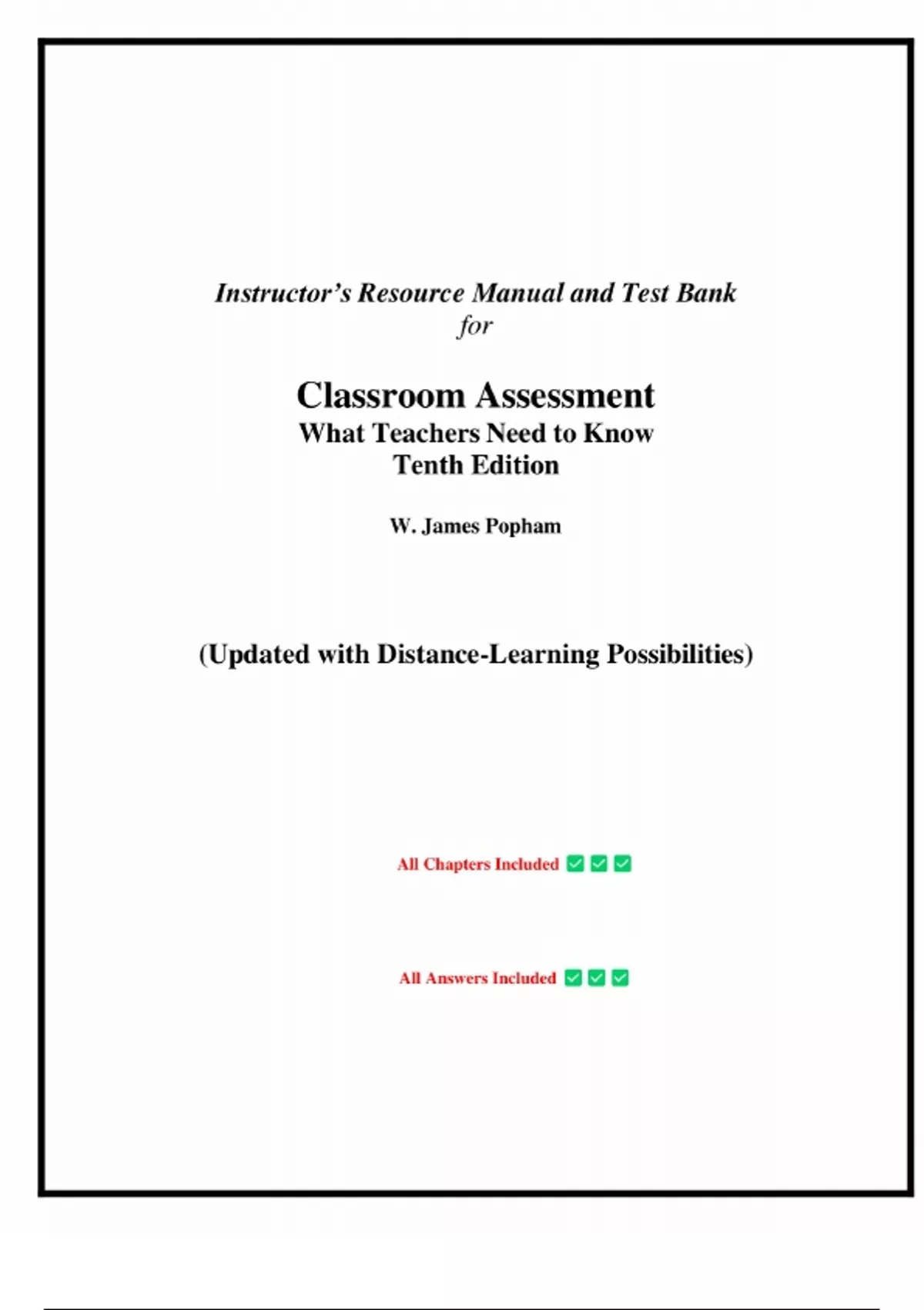 Instructor’s Resource Manual and Test Bank for Classroom Assessment ...