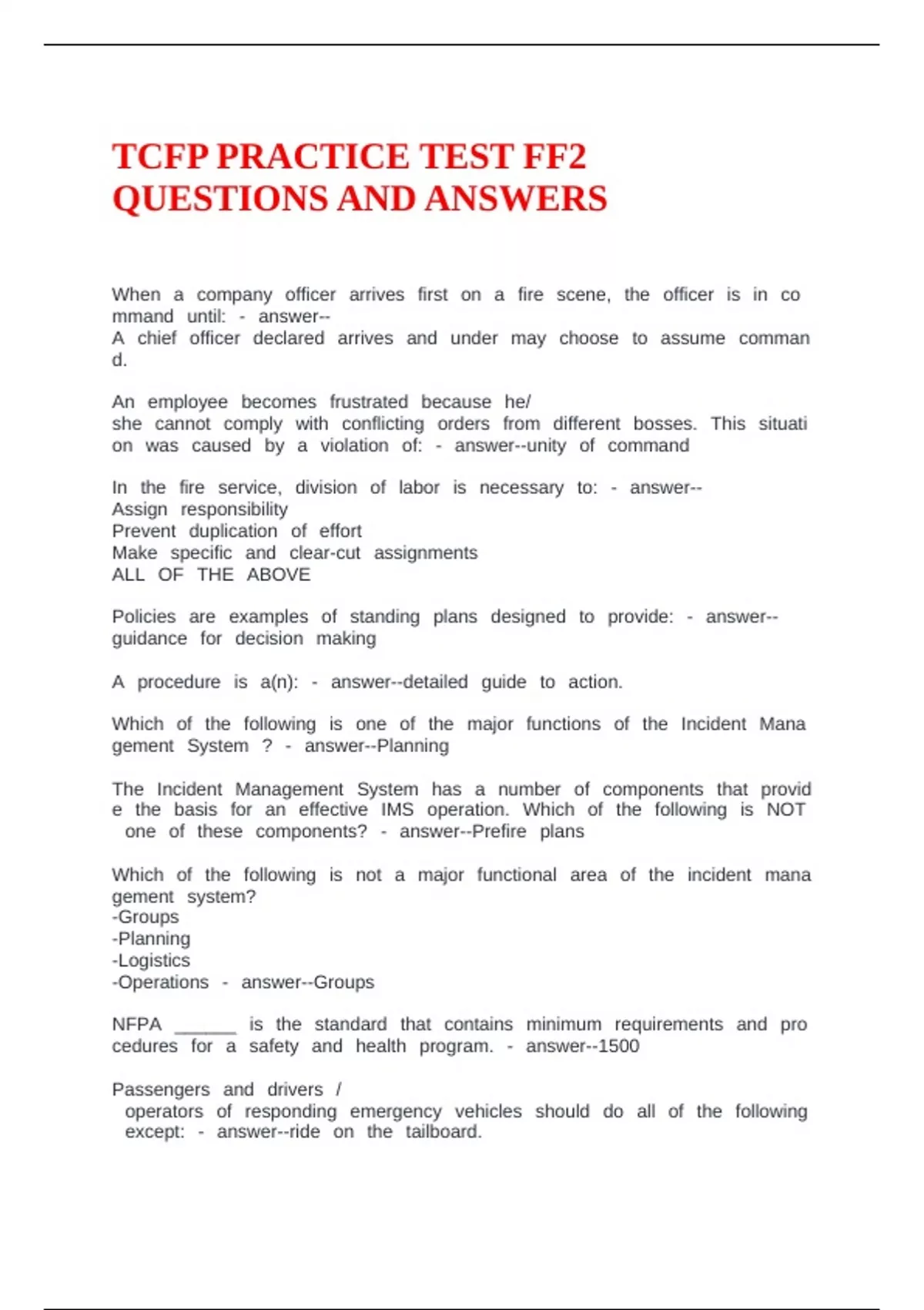 TCFP PRACTICE TEST FF2 QUESTIONS AND ANSWERS - Tcfp - Stuvia US