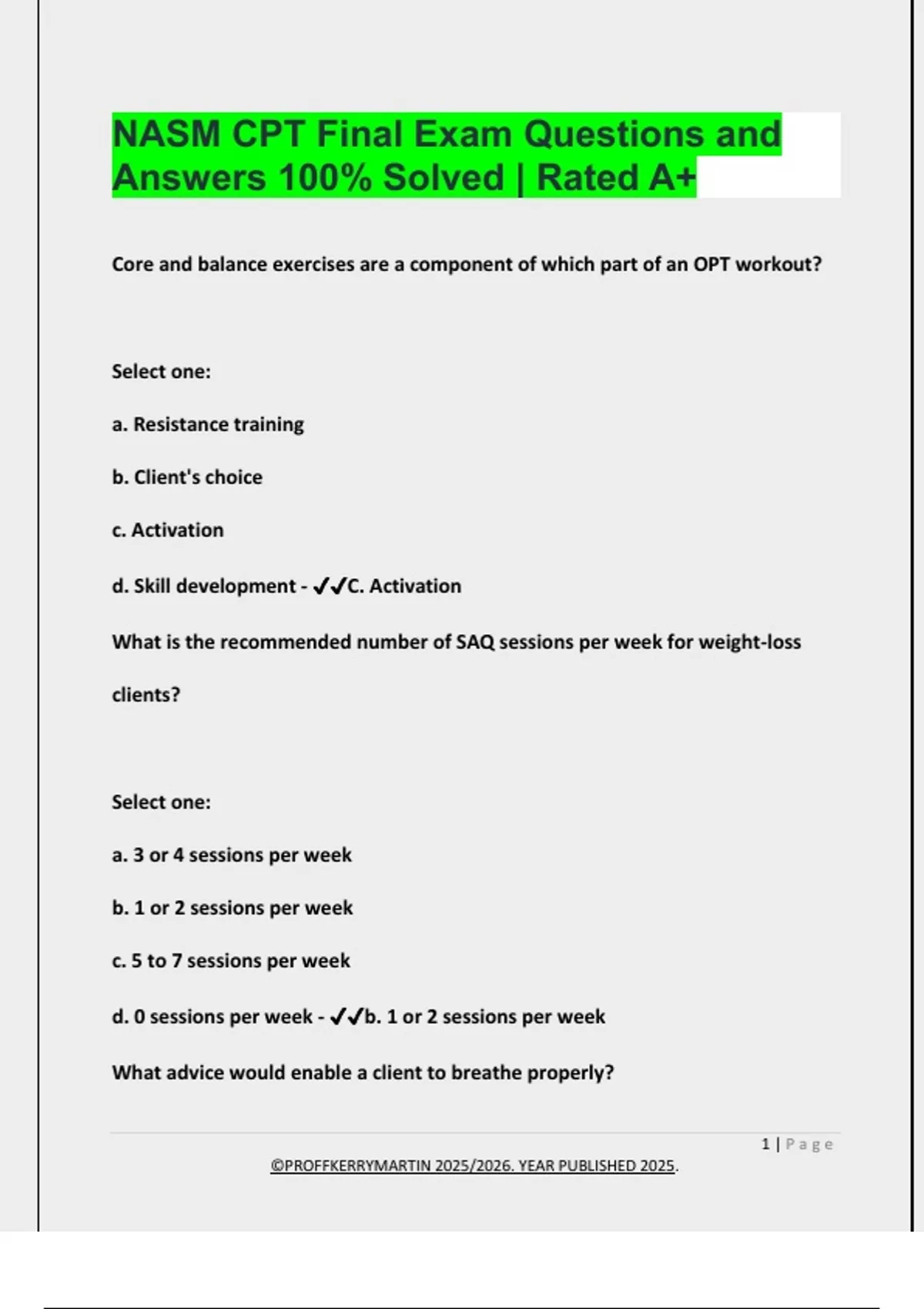 NASM CPT Final Exam Questions and Answers 100% Solved | Rated A+ - Nasm ...