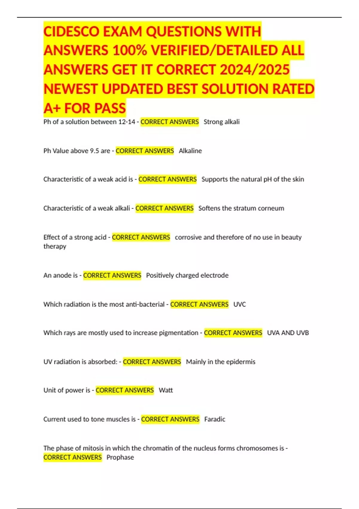 CIDESCO EXAM QUESTIONS WITH ANSWERS 100% VERIFIED/DETAILED ALL ANSWERS GET IT CORRECT 2024/2025 ...