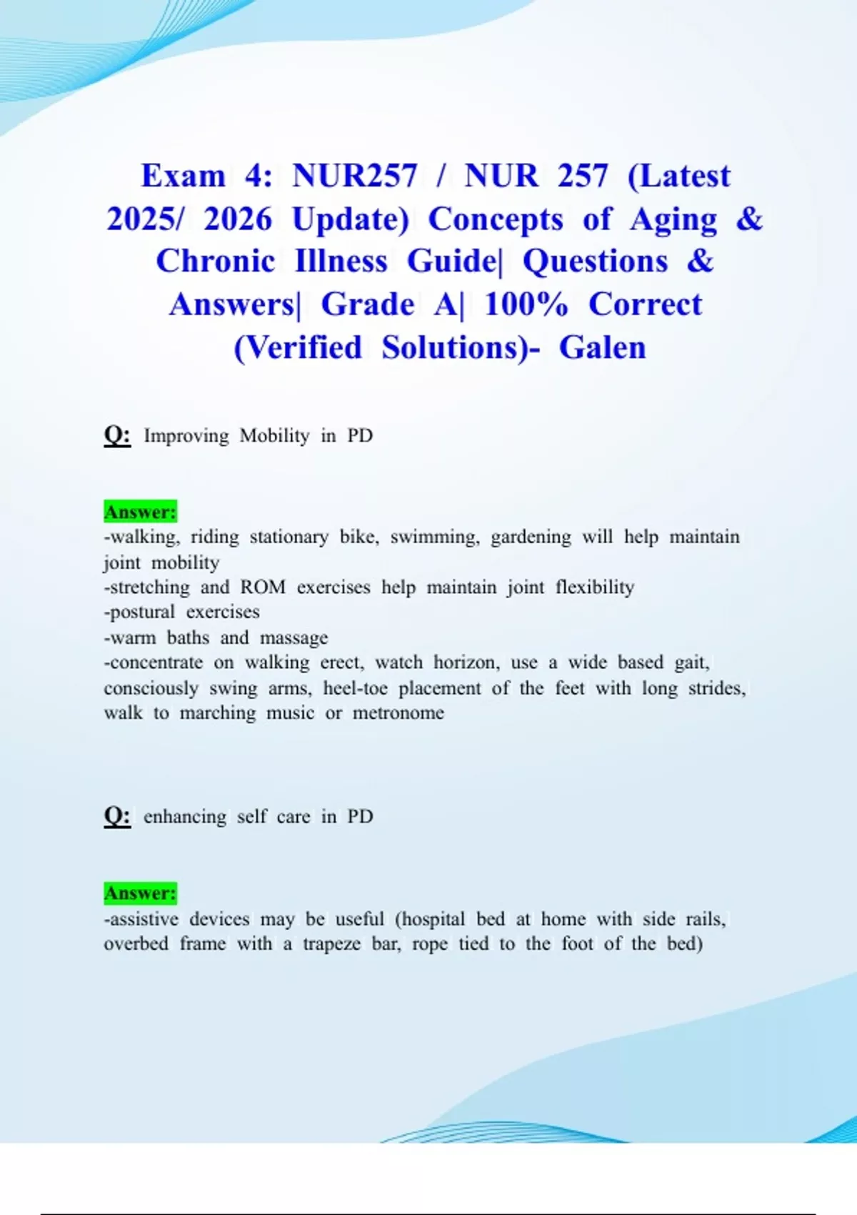 Exam 4: NUR257 / NUR 257 (Latest 2025/ 2026 Update) Concepts of Aging ...