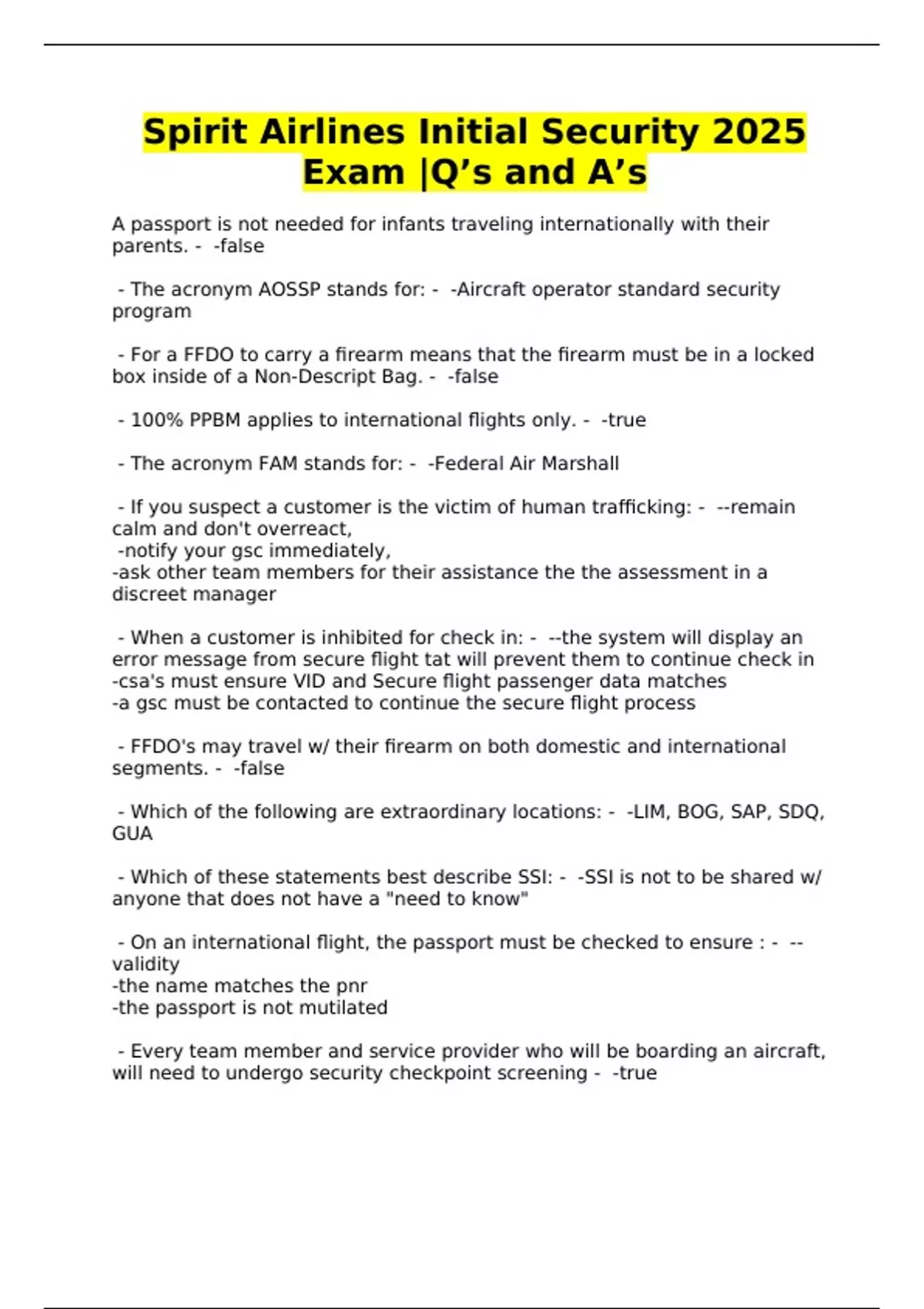 Spirit Airlines Initial Security 2025 Exam |Q’s and A’s - Spirit ...