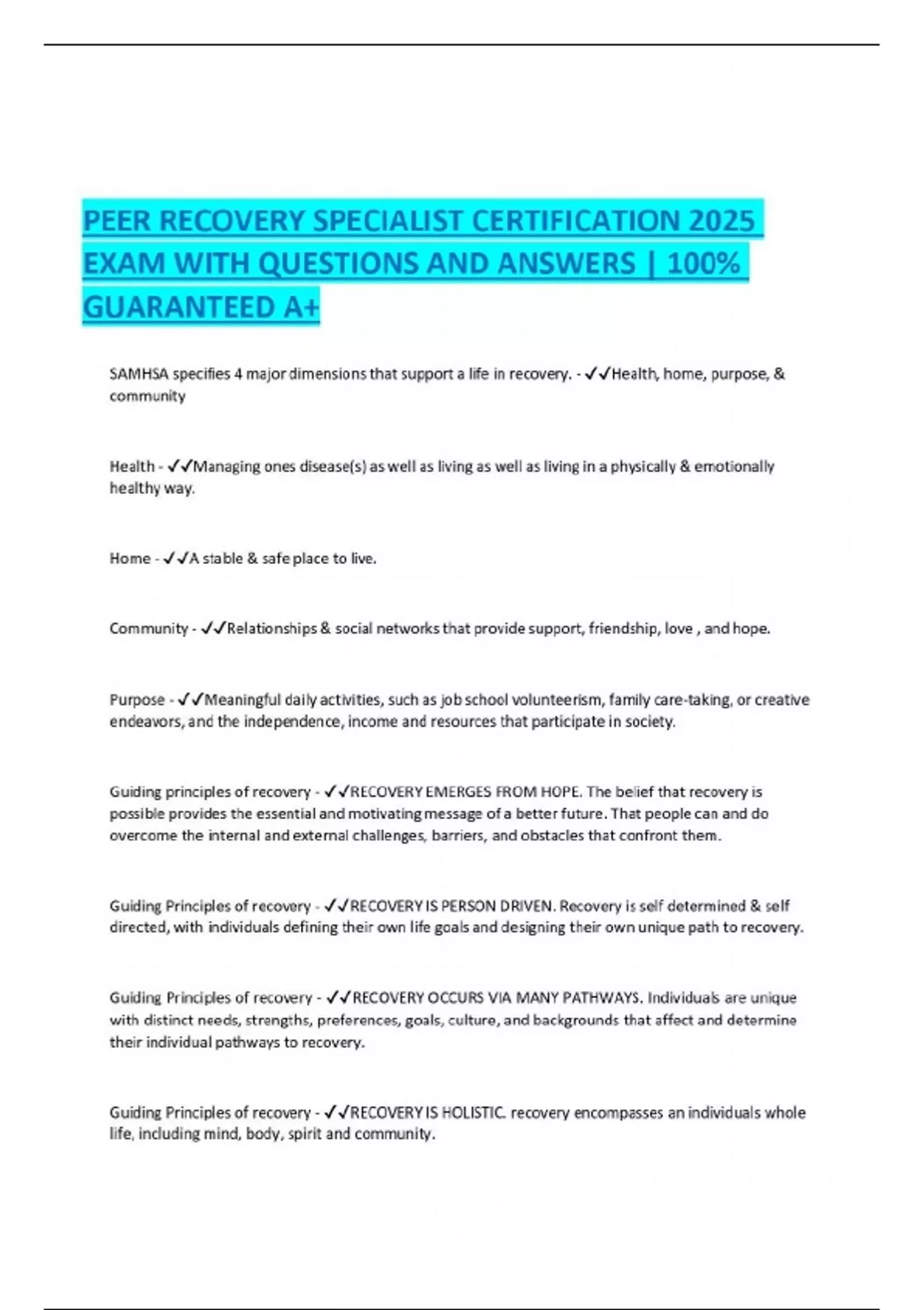 PEER RECOVERY SPECIALIST CERTIFICATION 2025 EXAM WITH QUESTIONS AND ...