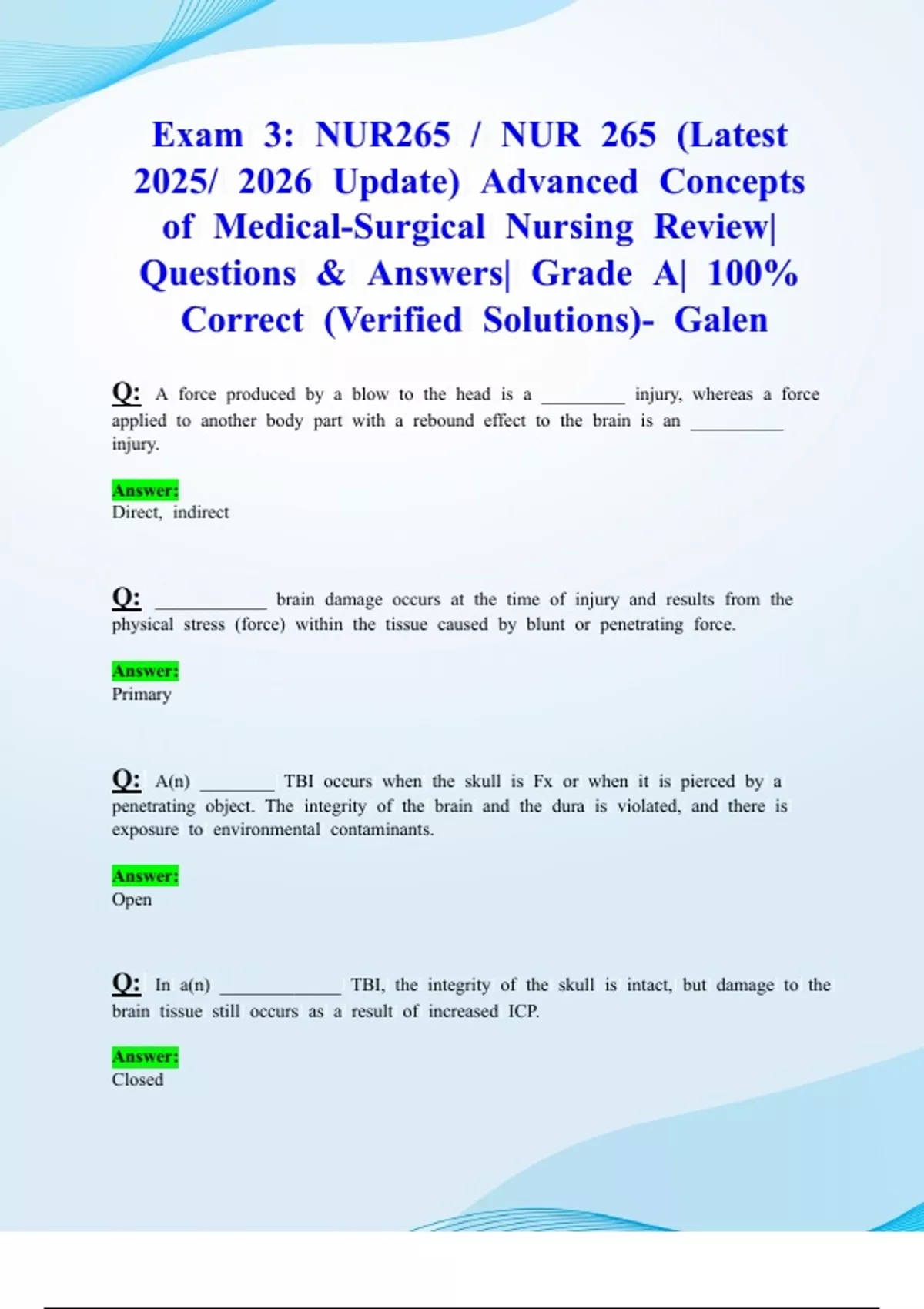 Exam 3: NUR265 / NUR 265 (Latest 2025/ 2026 Update) Advanced Concepts ...