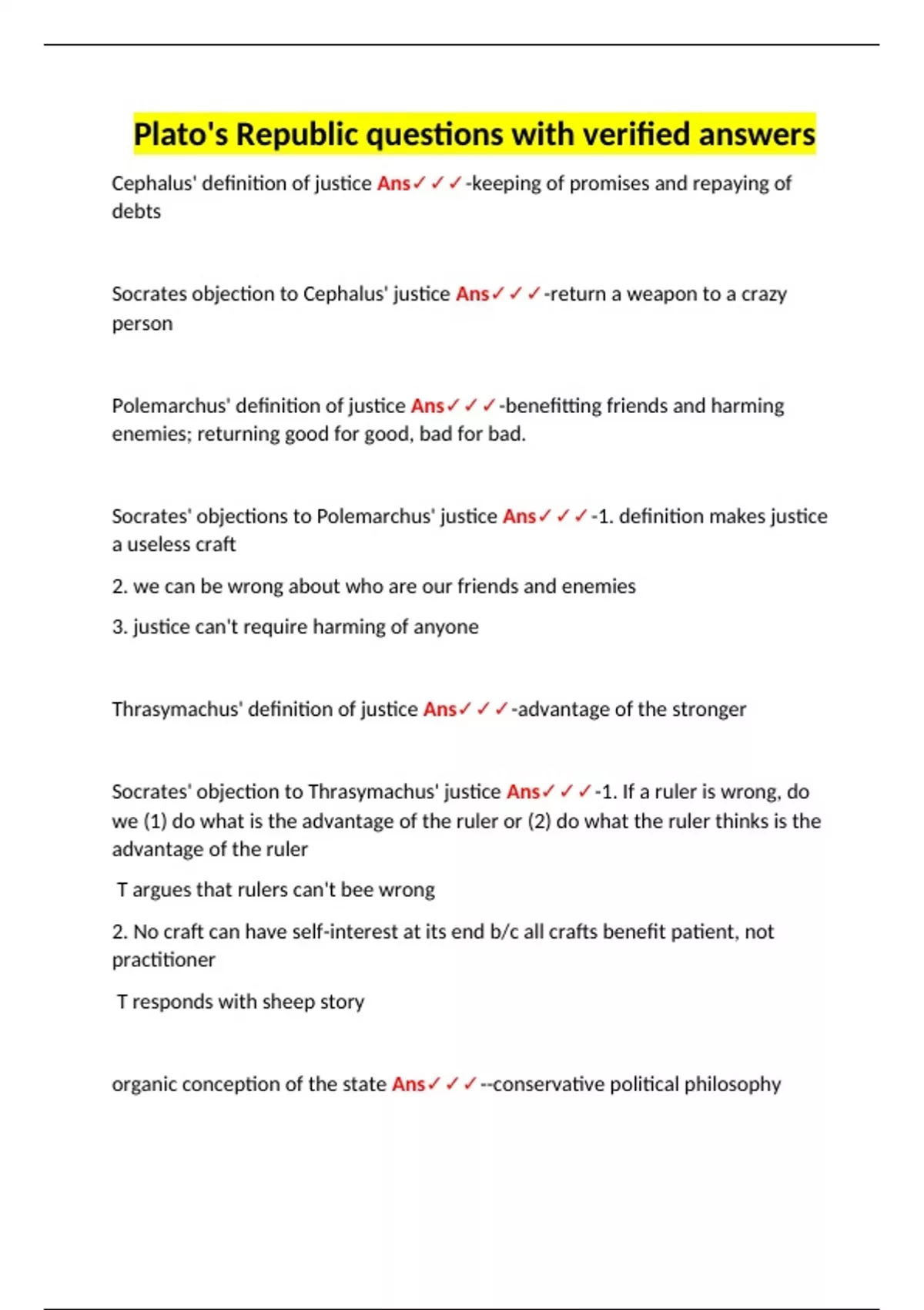 Plato's Republic questions with verified answers - PLATO - Stuvia US