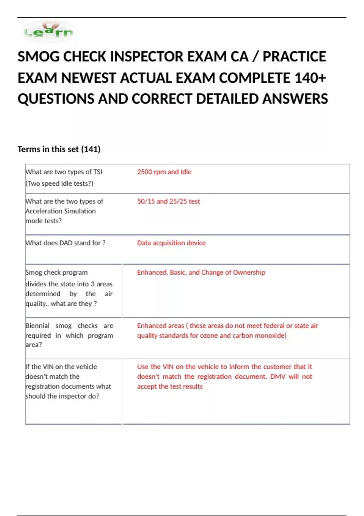 SMOG CHECK INSPECTOR EXAM CA / PRACTICE EXAM NEWEST ACTUAL EXAM ...