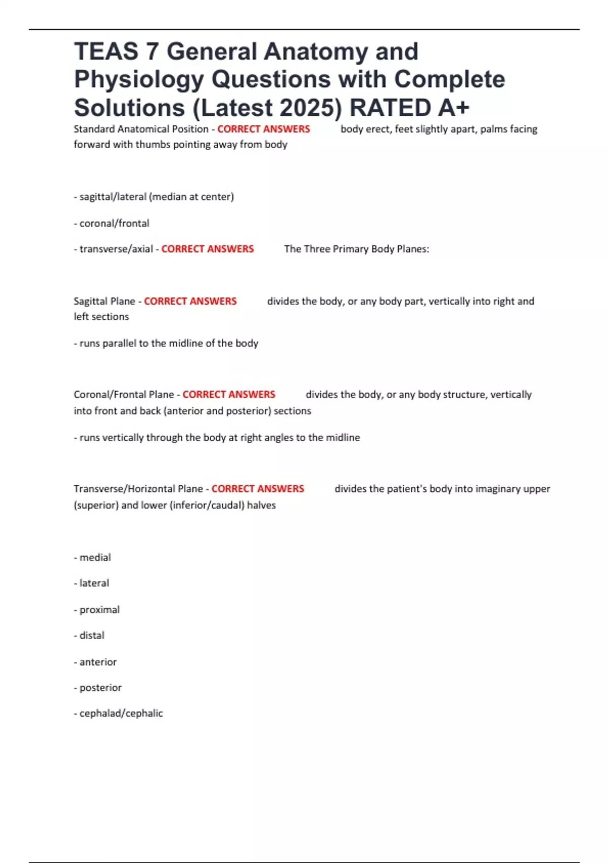 Summary TEAS 7 General Anatomy and Physiology Questions with Complete ...