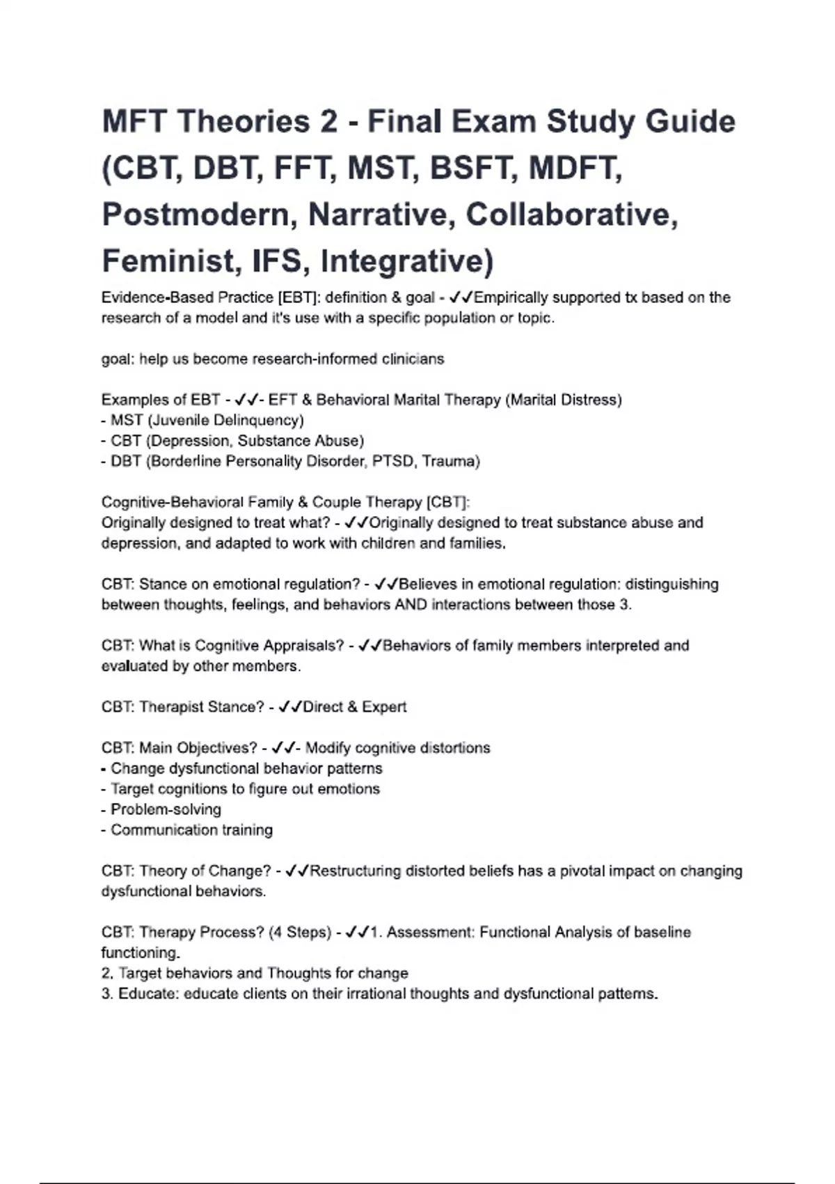 MFT Theories 2 - Final Exam Study Guide (CBT, DBT, FFT, MST, BSFT, MDFT, Postmodern, Narrative ...