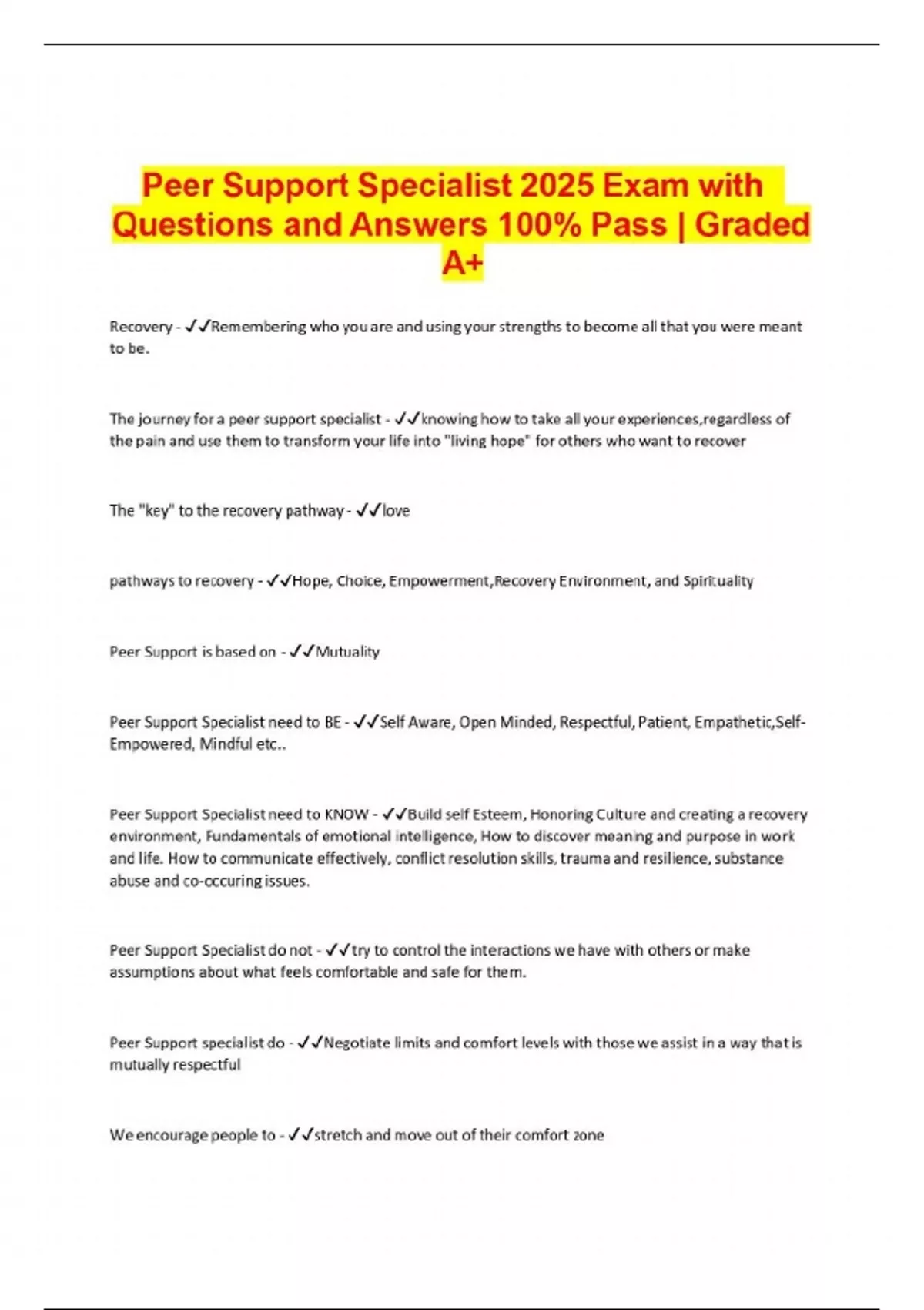 Peer Support Specialist 2025 Exam with Questions and Answers 100% Pass ...