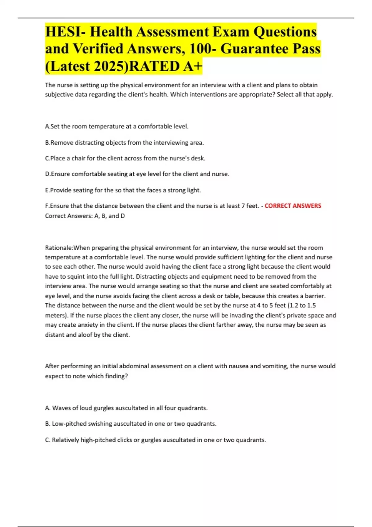 HESI- Health Assessment Exam Questions and Verified Answers, 100 ...