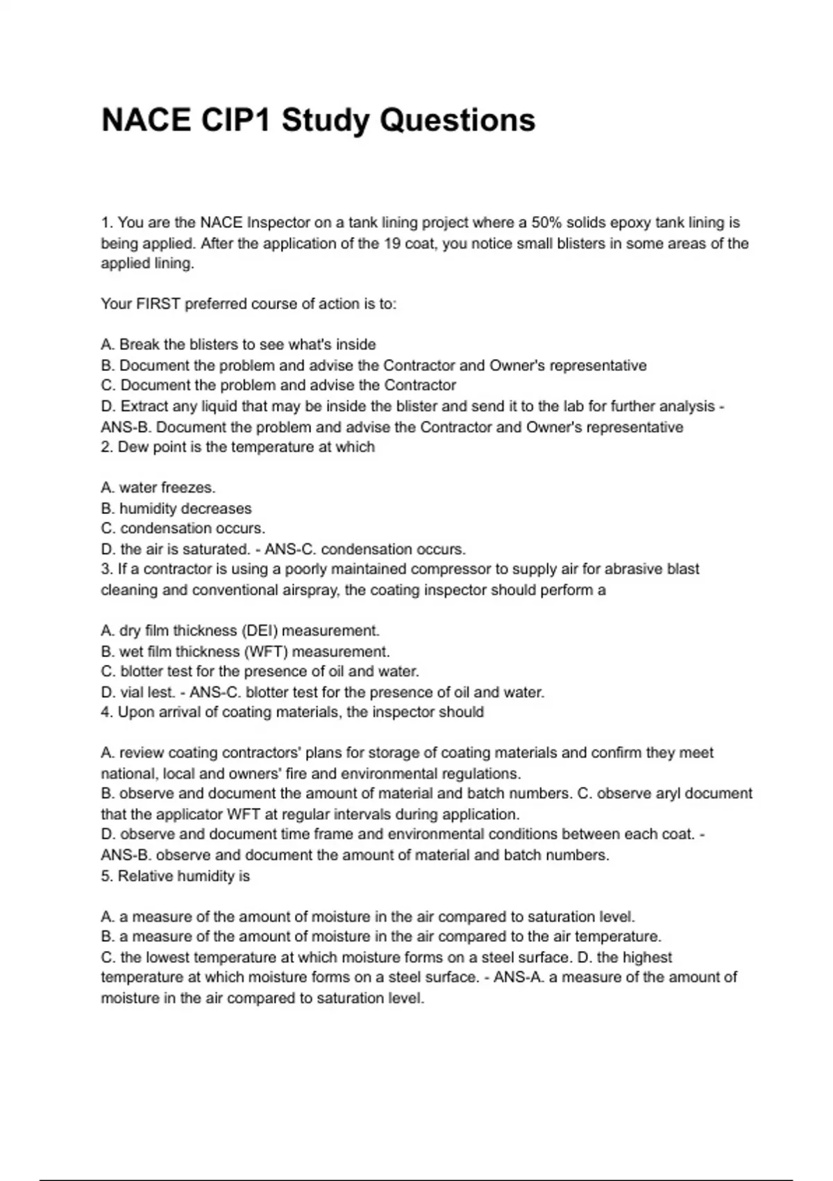 NACE CIP1 Study Questions NEWEST 2025/2026 ACTUAL EXAM COMPLETE ...