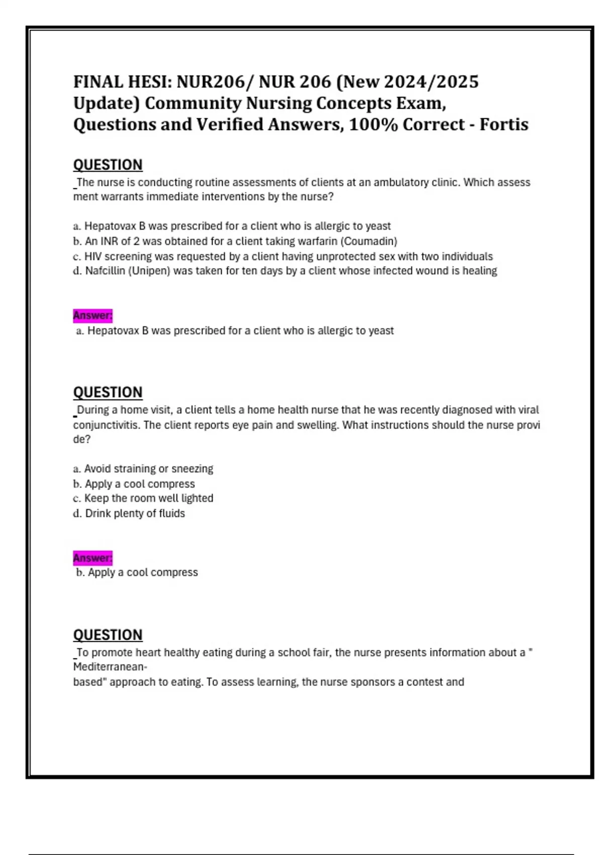 FINAL HESI: NUR206/ NUR 206 (New 2024/2025 Update) Community Nursing ...