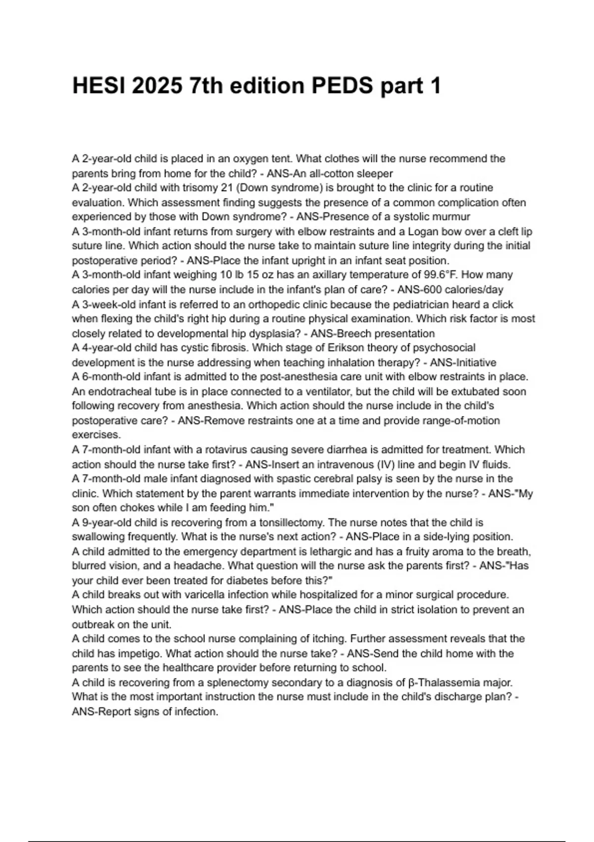 HESI 2025 7th edition PEDS part 1 NEWEST 2025/2026 ACTUAL EXAM COMPLETE QUESTIONS AND CORRECT ...