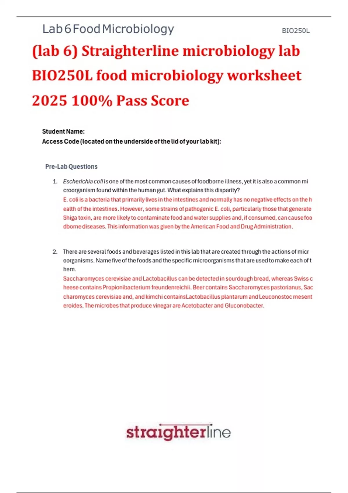(lab 6) Straighterline microbiology lab BIO250L food microbiology ...