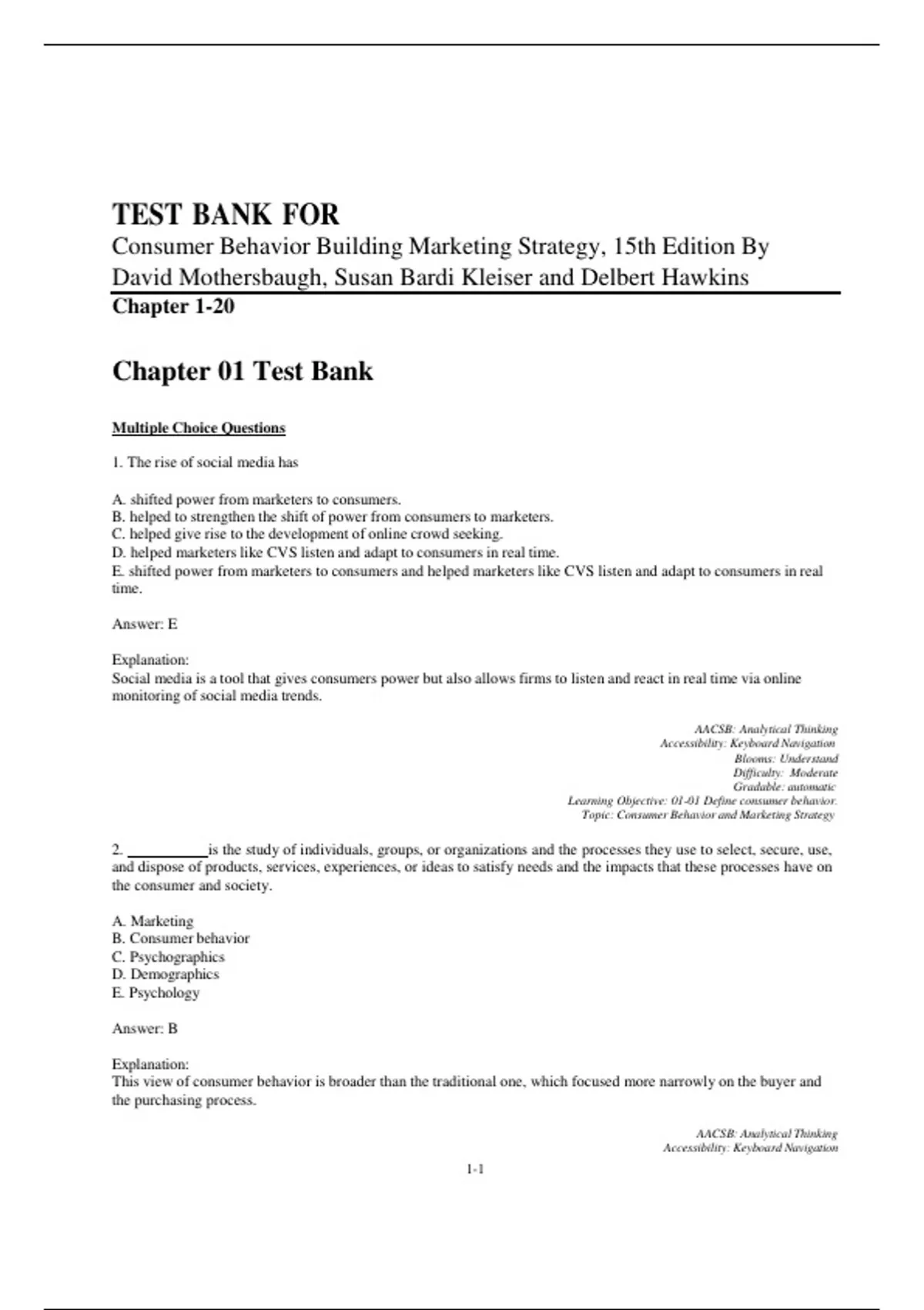 Test Bank for Consumer Behavior Building Marketing Strategy, 15th ...
